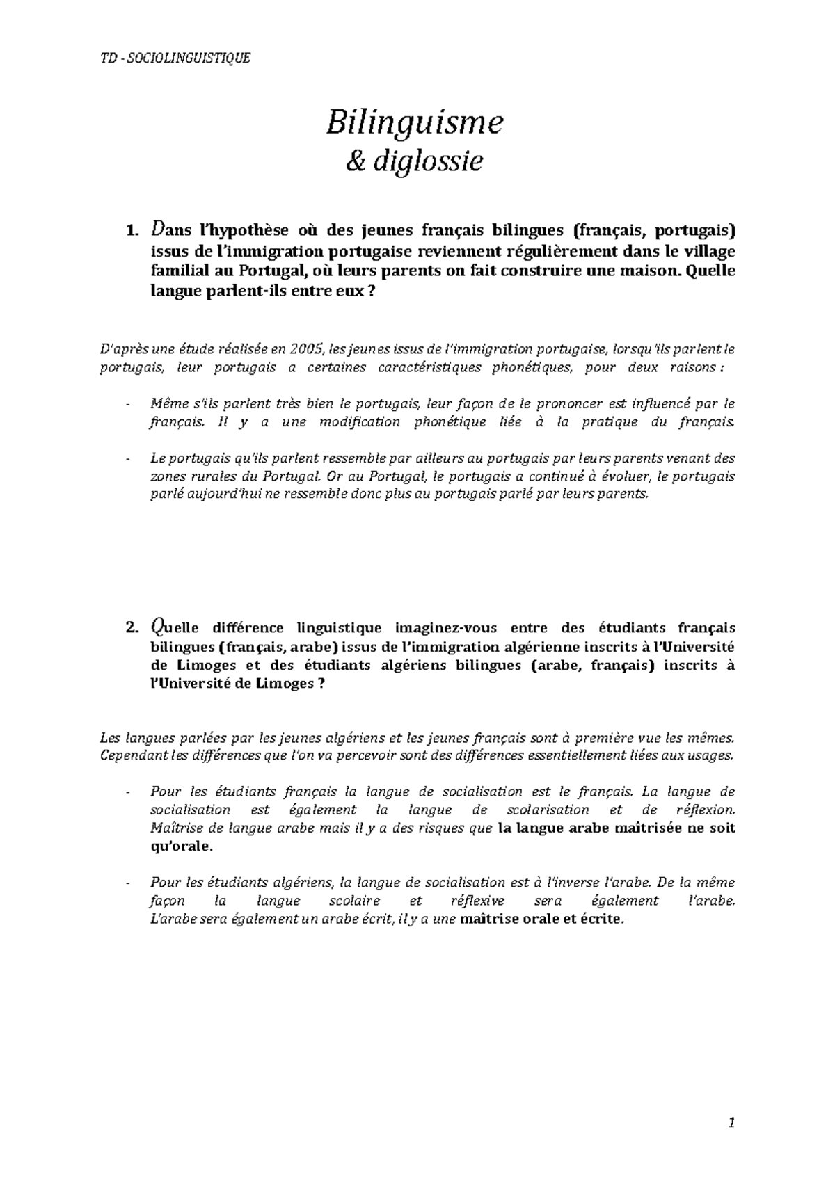 TD - Bilinguisme & diglossie - TD SOCIOLINGUISTIQUE Bilinguisme ...
