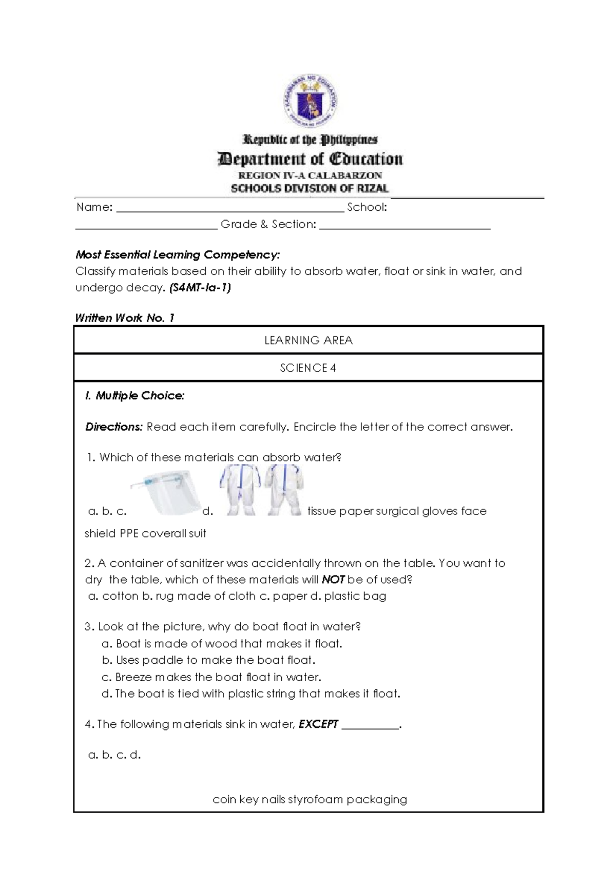 Grade 4 Q1 WW1 Science - Name ...