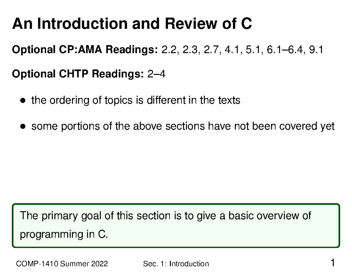01 intro c post - Summer Course - An Introduction and Review of C ...