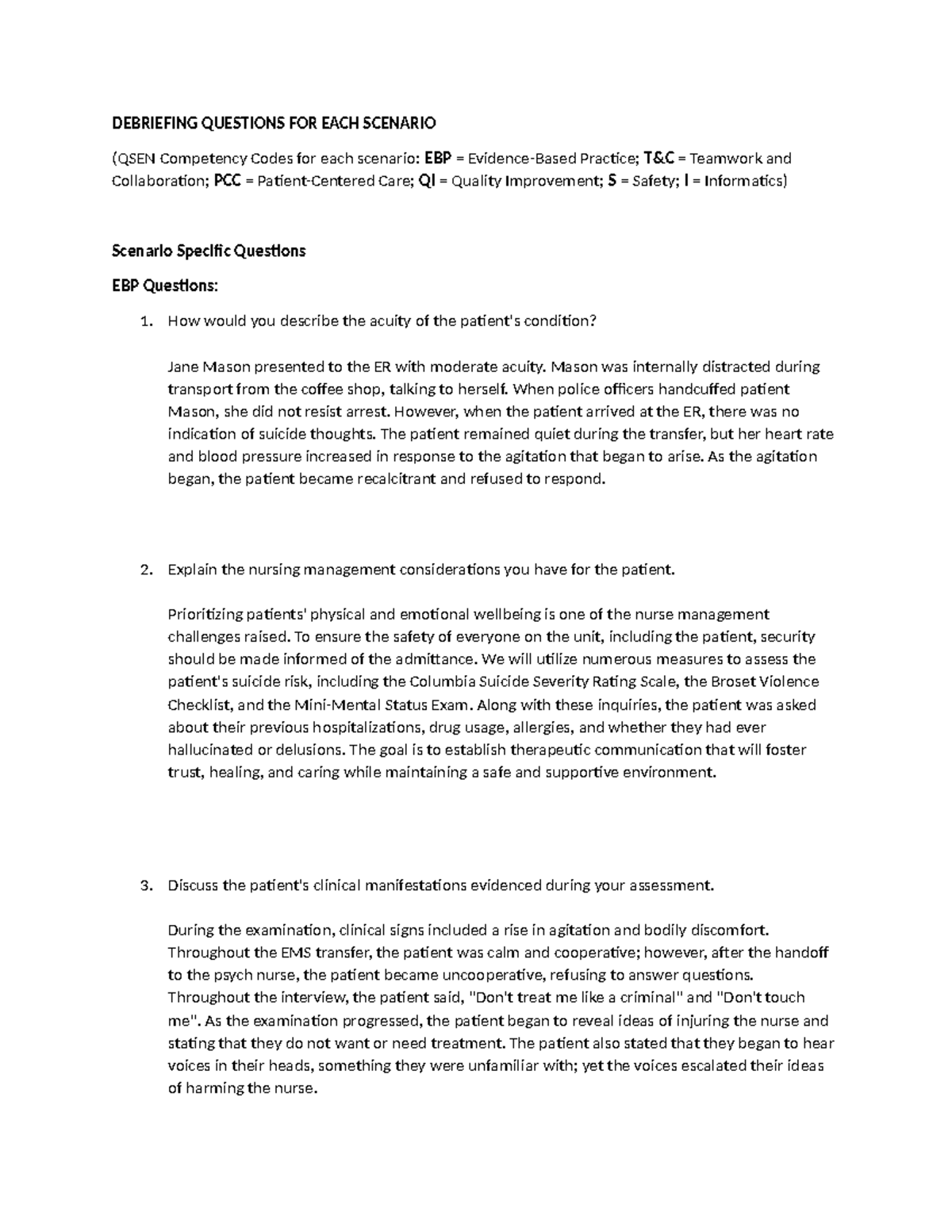 NURS250s Debriefing Questions - DEBRIEFING QUESTIONS FOR EACH SCENARIO ...