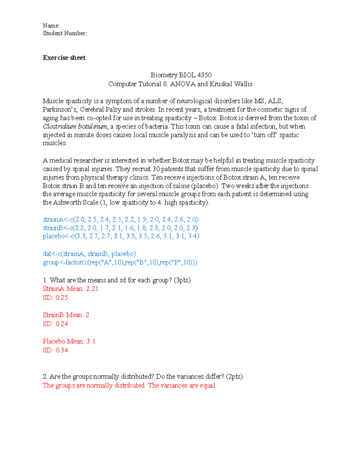 Biometry Computer Tutorial 9 - Anova - Name: Student Number: Exercise ...