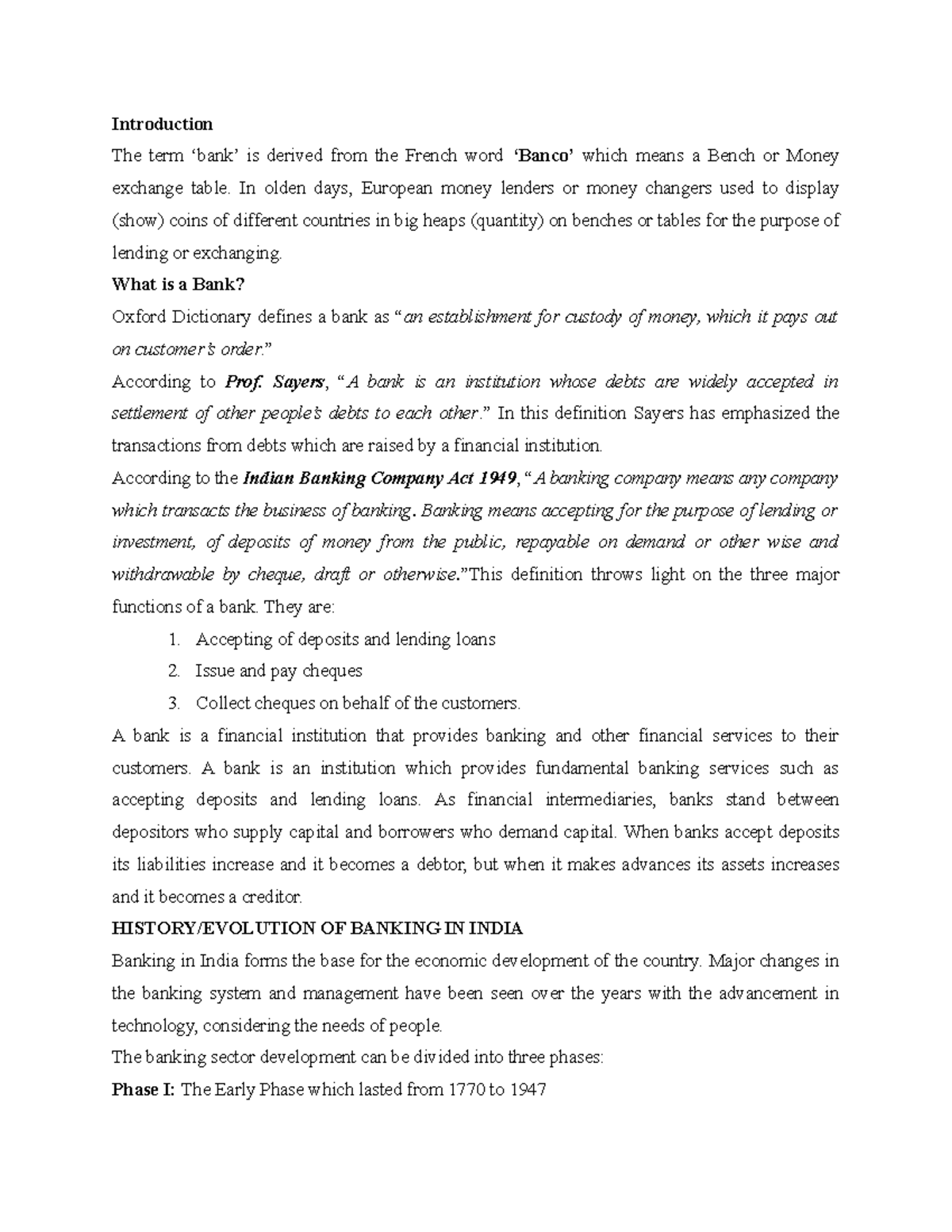 PBS Notes - Introduction The term ‘bank’ is derived from the French ...