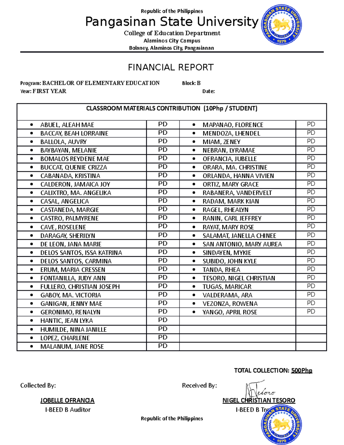 Financial Report PSU BEED B - Republic of the Philippines Pangasinan ...