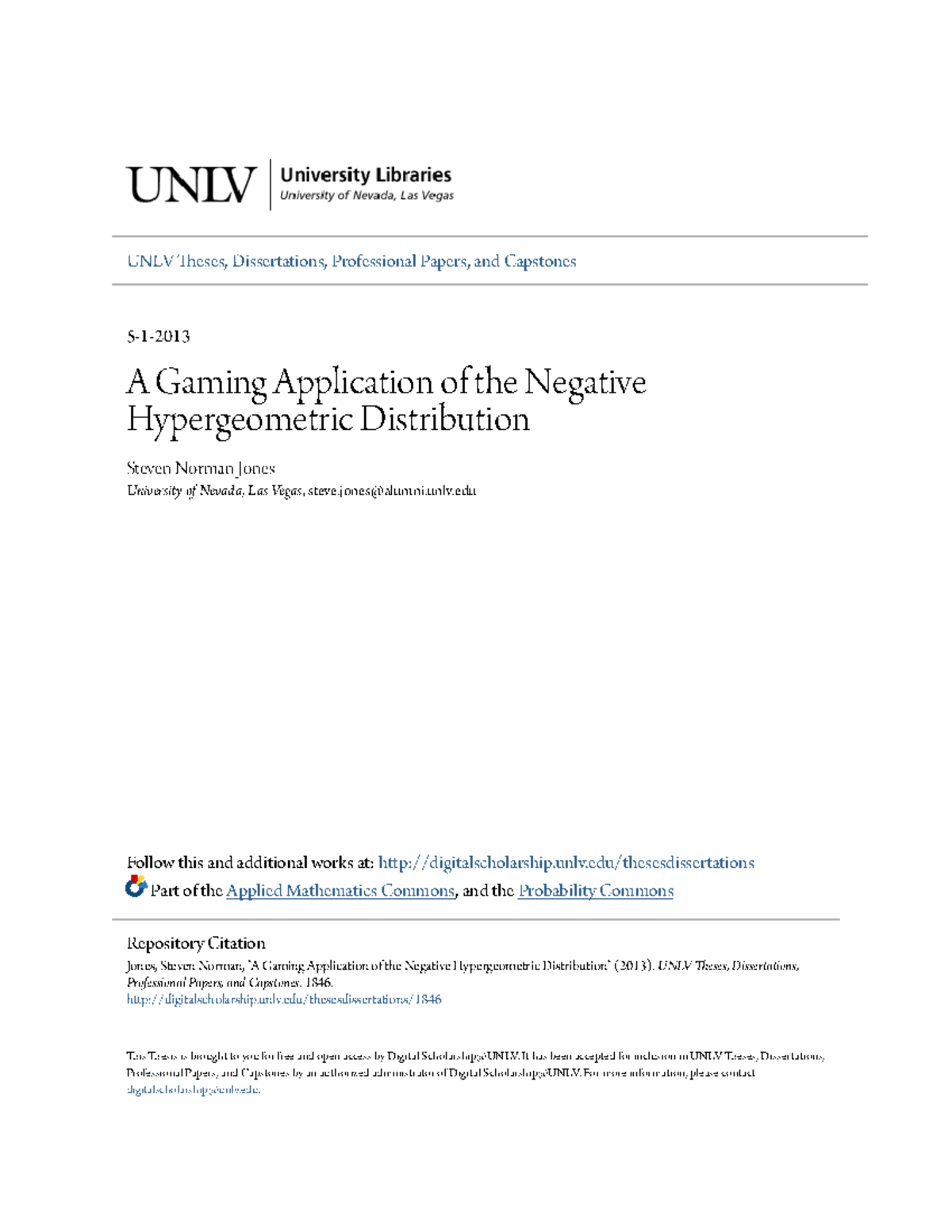 Negative Hypergeometric Distribution 17 - UNLV Theses, Dissertations ...