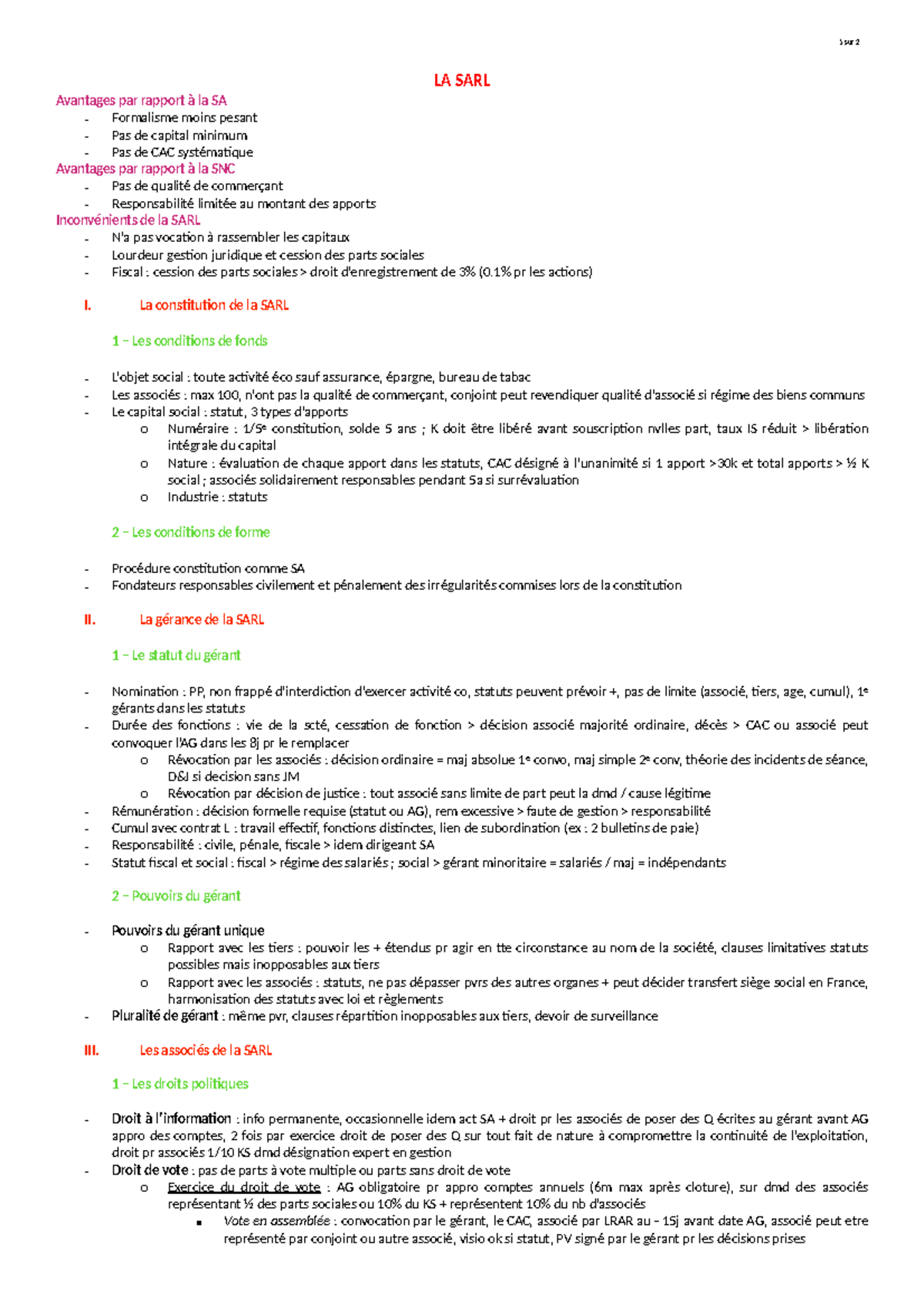 Droit Societe Fiche SARL - sur 1 2 LA SARL Avantages par rapport à la ...