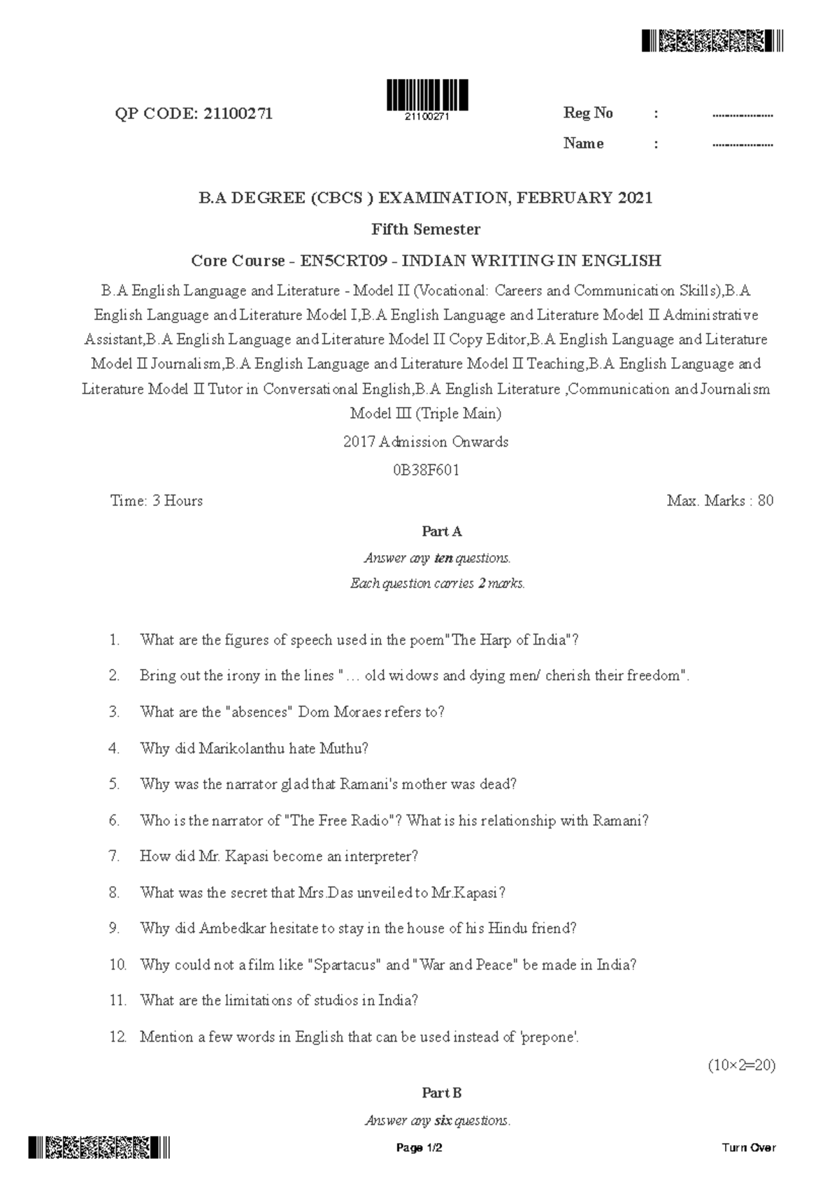 5th Sem Previous Year Question Paper Qp Code 21100271 Reg No Name