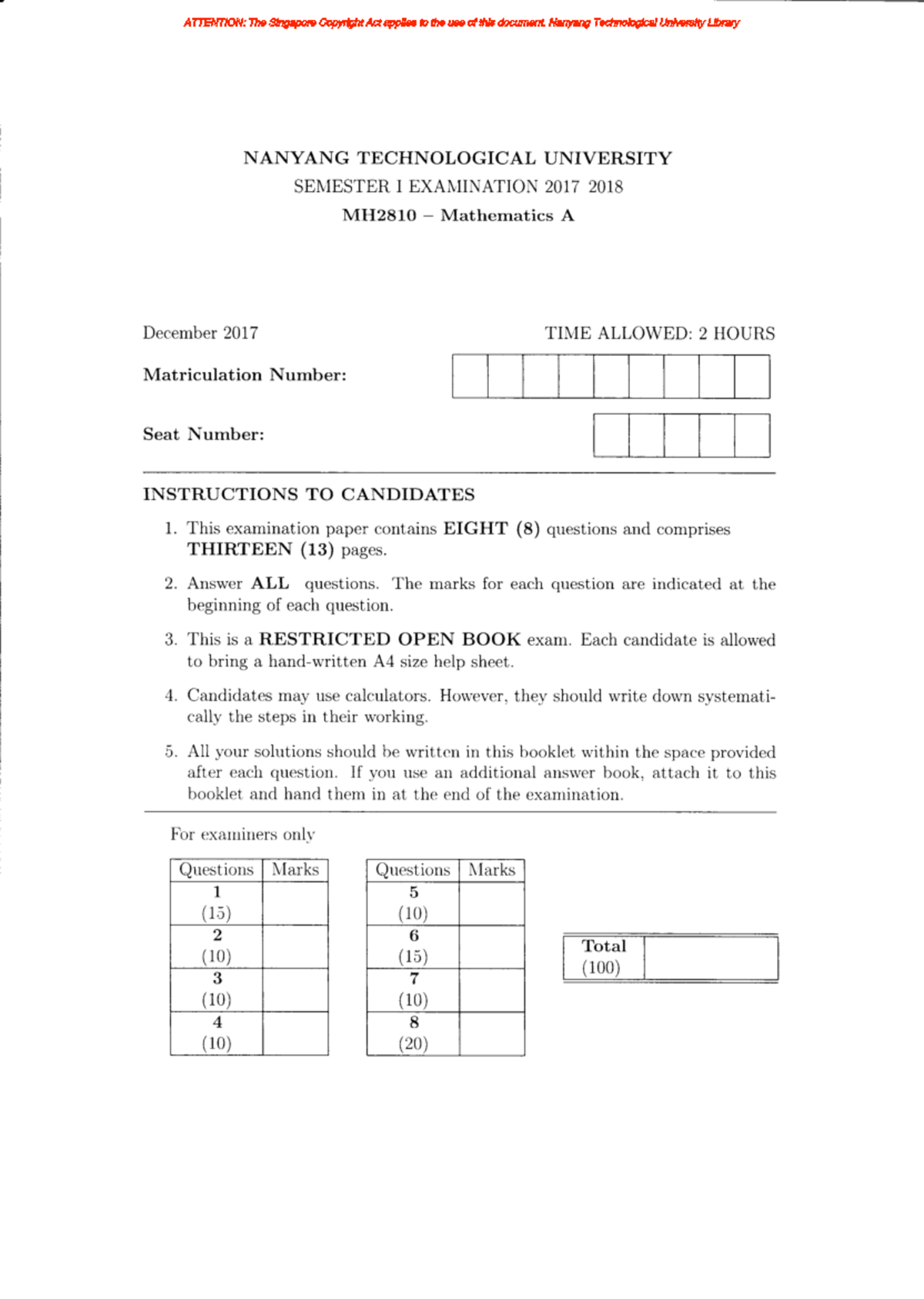 1718 Final Exam - PH1012 - NTU - Studocu