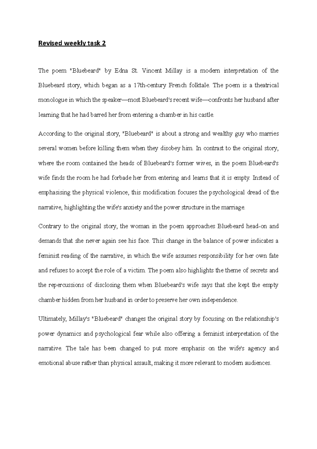 Revised weekly task 2 - Vincent Millay is a modern interpretation of ...
