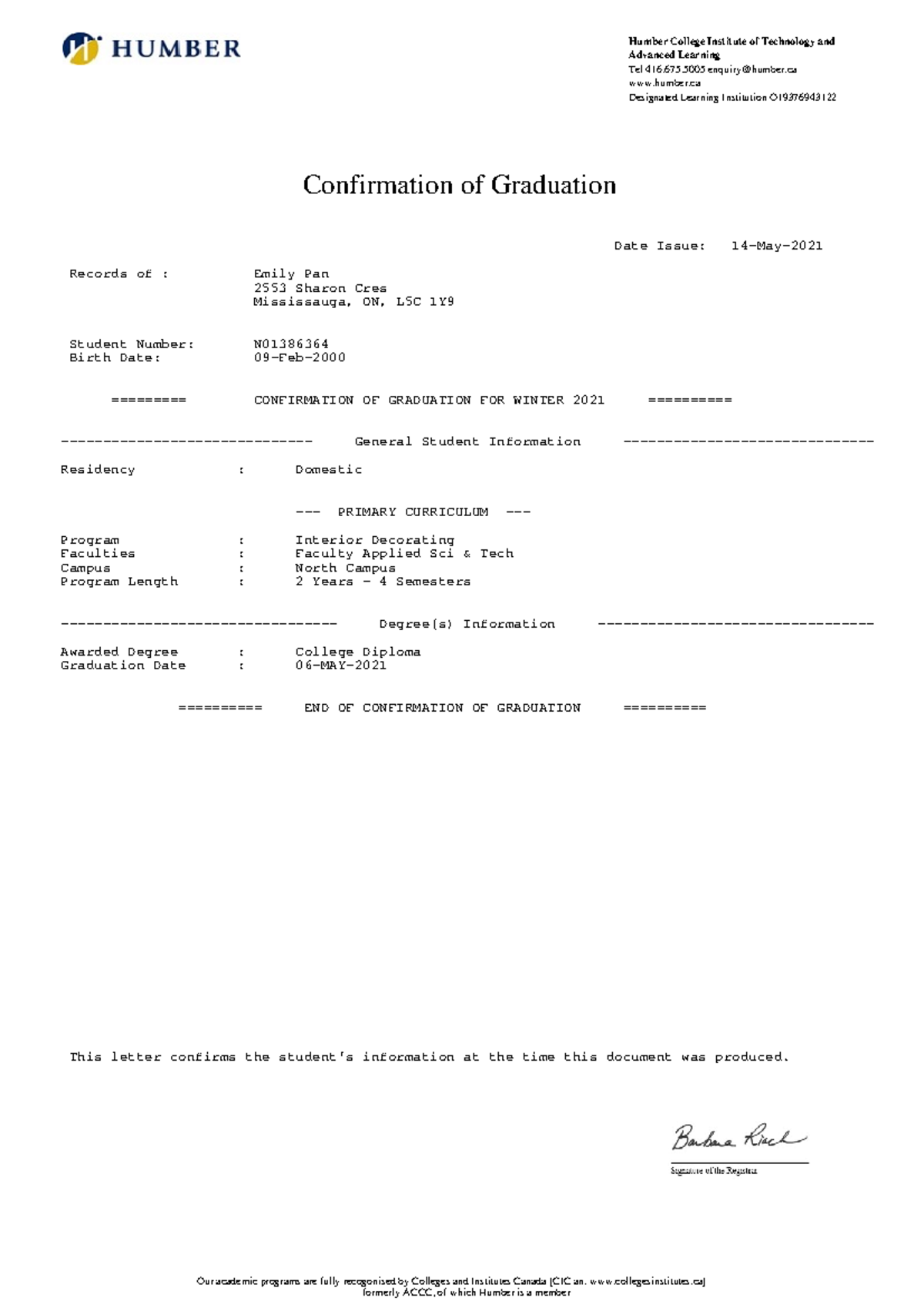 Confirmation of Graduation - Humber College Institute of Technology and ...