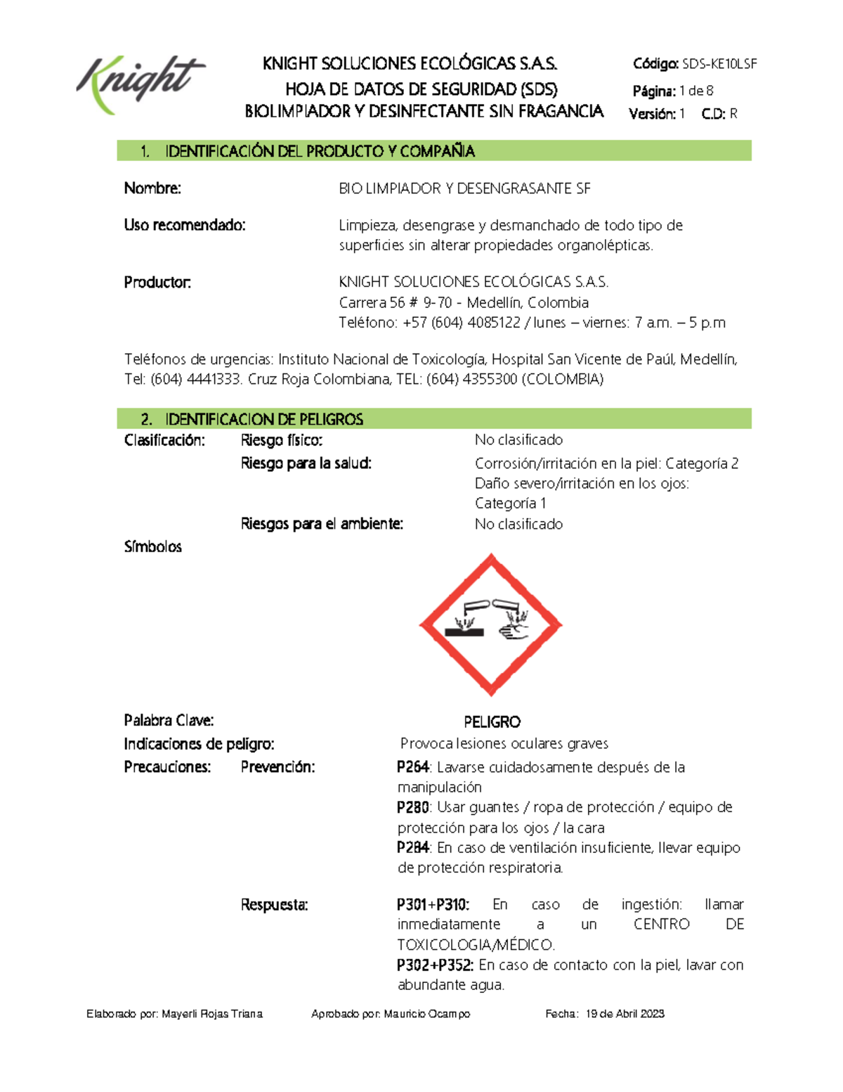 HS - Bio Limpiador y desengrasante SF - HOJA DE DATOS DE SEGURIDAD (SDS) BIOLIMPIADOR Y - Studocu