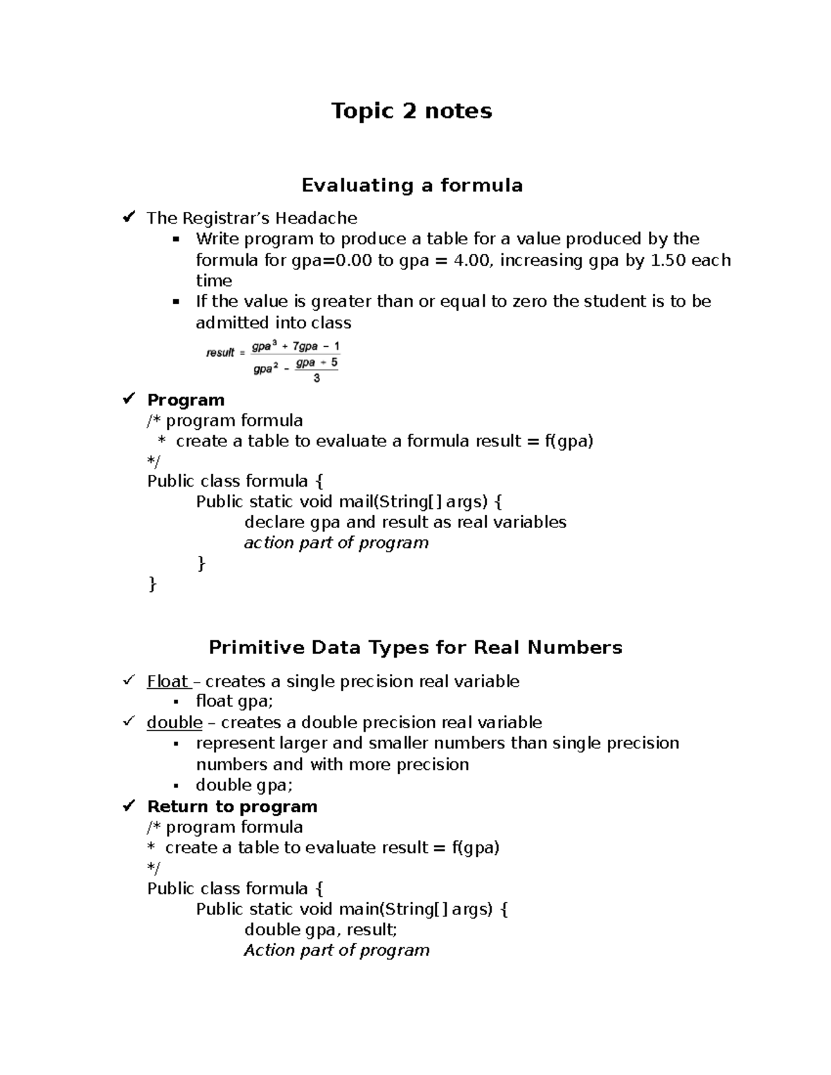 Topic 2 - Lecture notes 2 - Topic 2 notes Evaluating a formula The ...