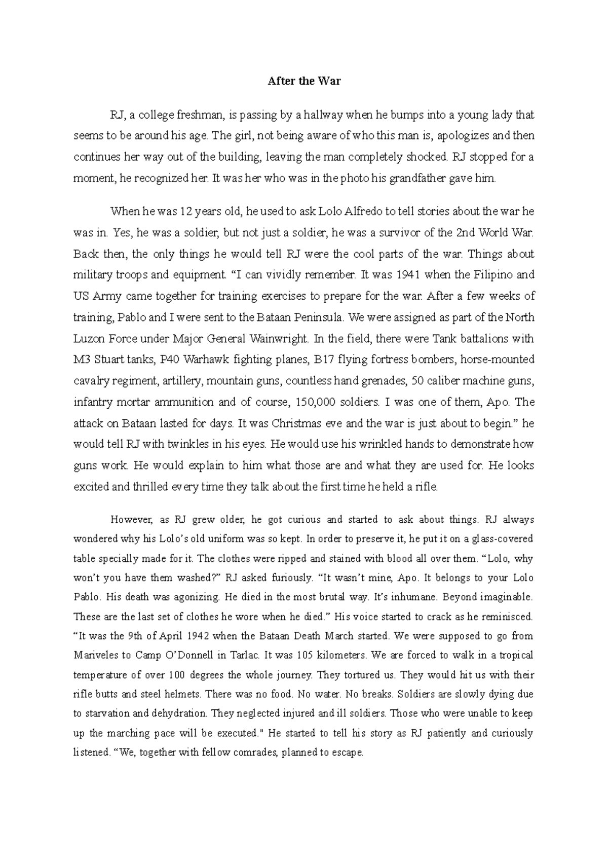 After the War (Audition piece) - After the War RJ, a college freshman ...