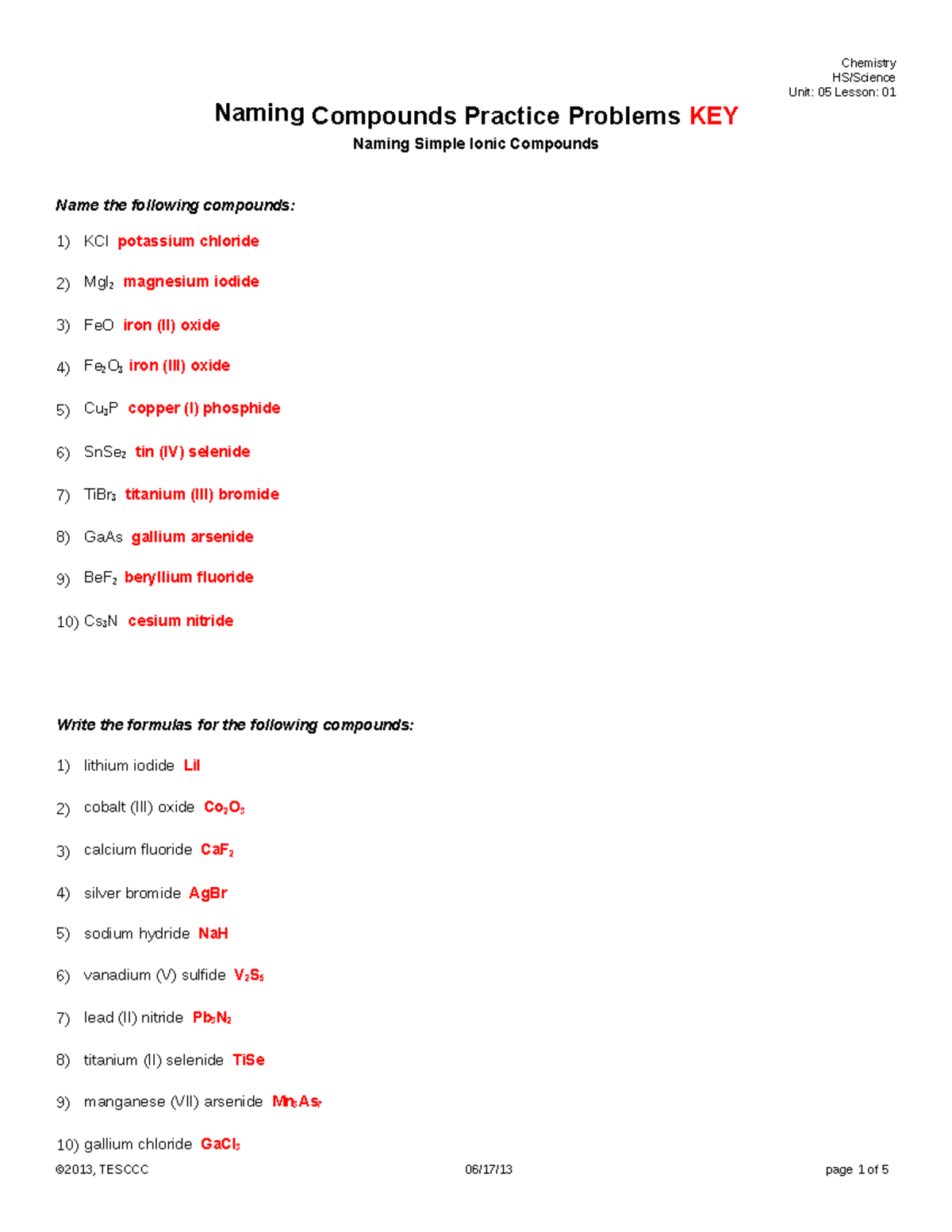 12 sch0501f naming-compounds-practice-problems-key - Naming Compounds ...