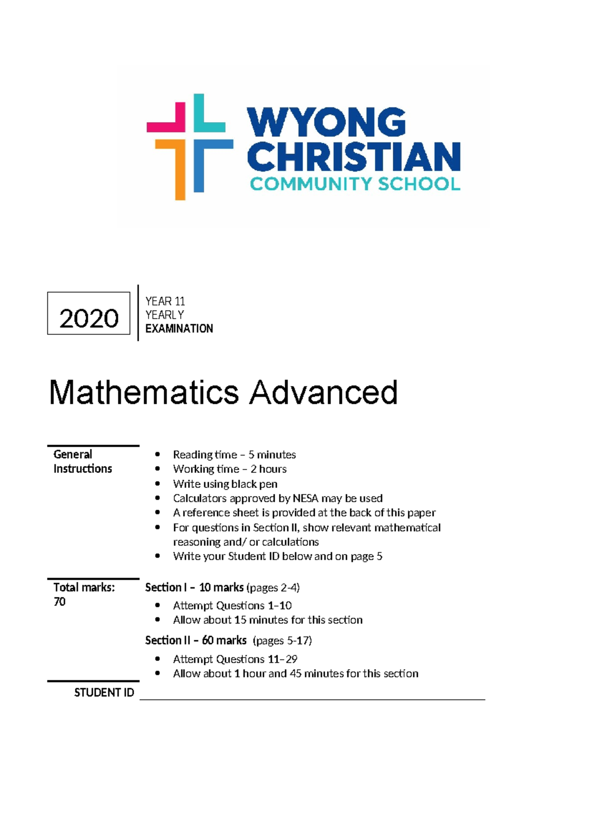 2020 Mathematics Advanced YR11 WCCS - Mathematics Advanced General ...