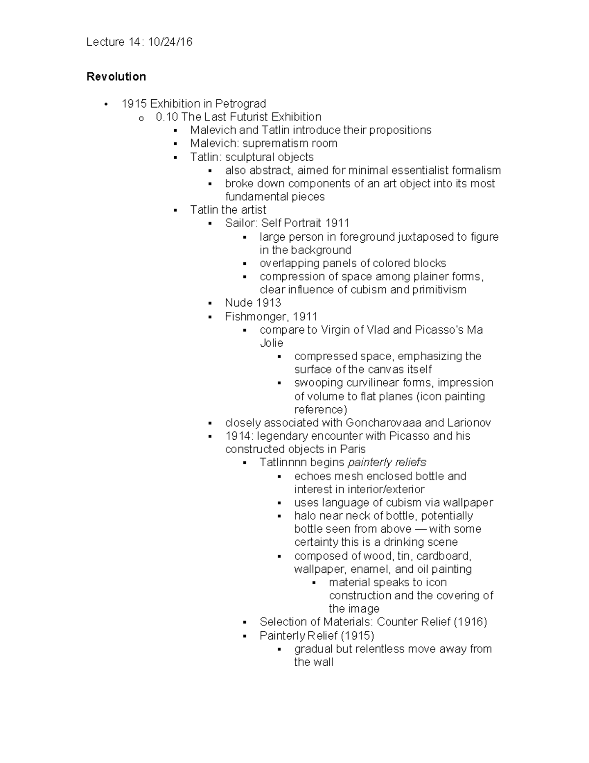 Lecture 14 - notes - Lecture 14: 10/24/ 16 Revolution 1915 Exhibition ...