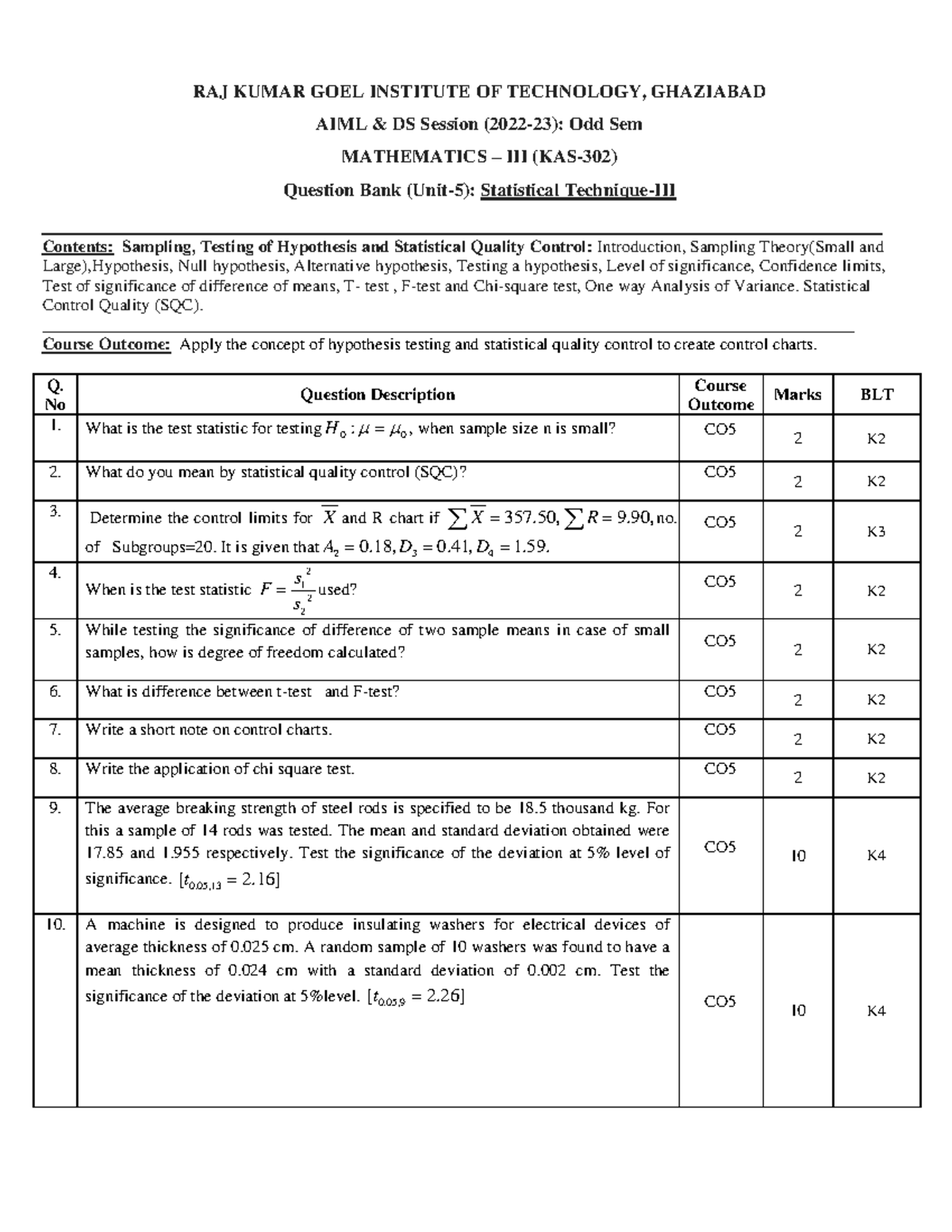 Question bank unit-5 - maths 4 unit 5 - RAJ KUMAR GOEL INSTITUTE OF ...