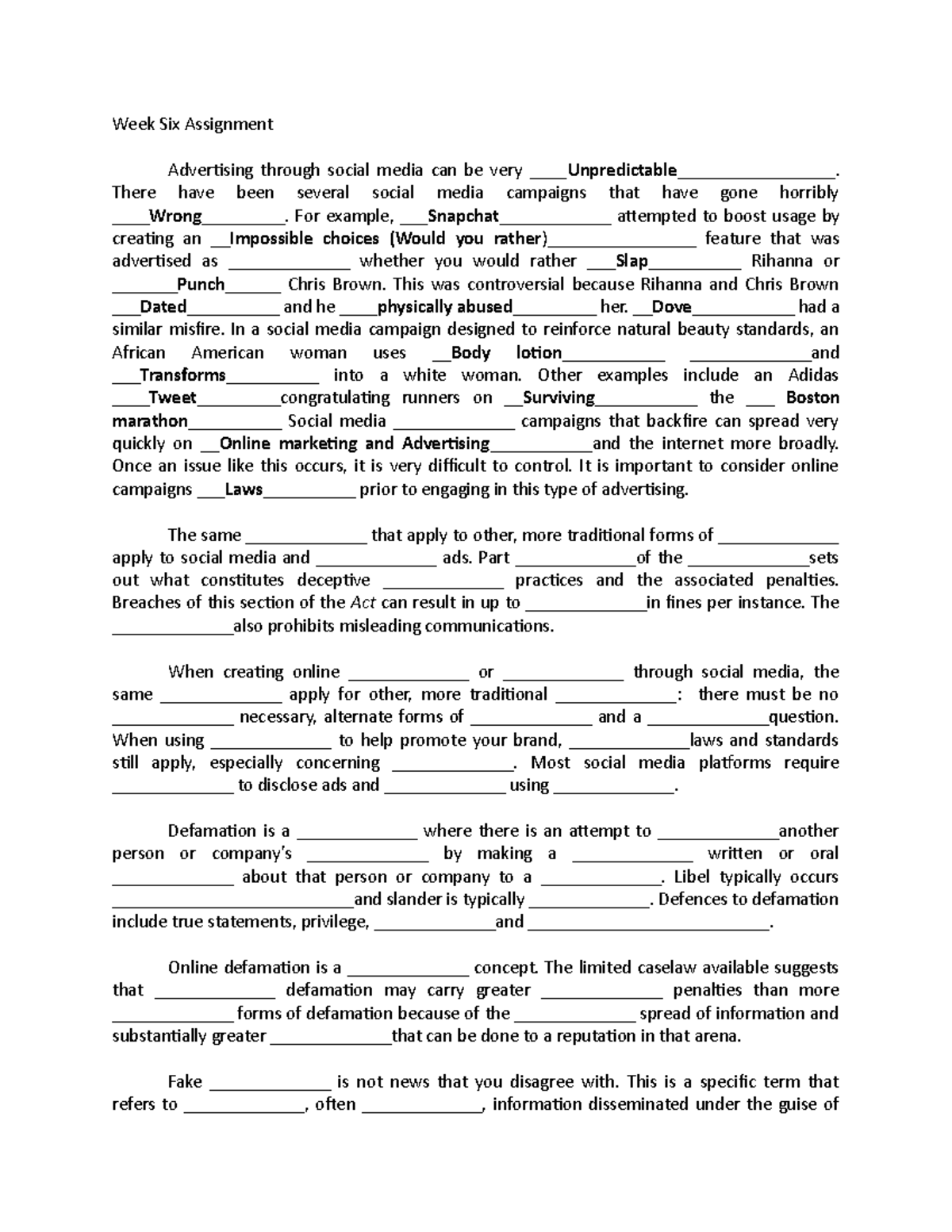 Week Six Assignment - ugh - Week Six Assignment Adverising through ...