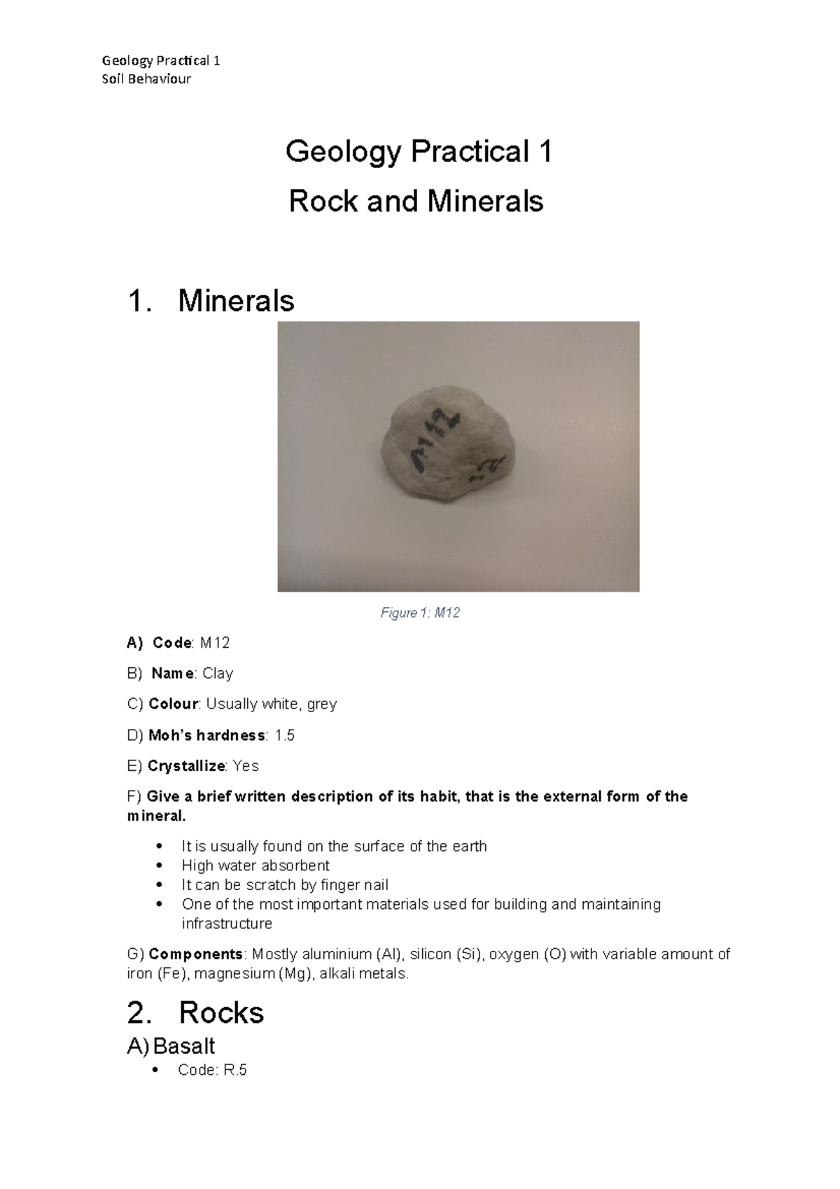 Geology Practical 1 - Soil Behaviour Geology Practical 1 Rock and ...