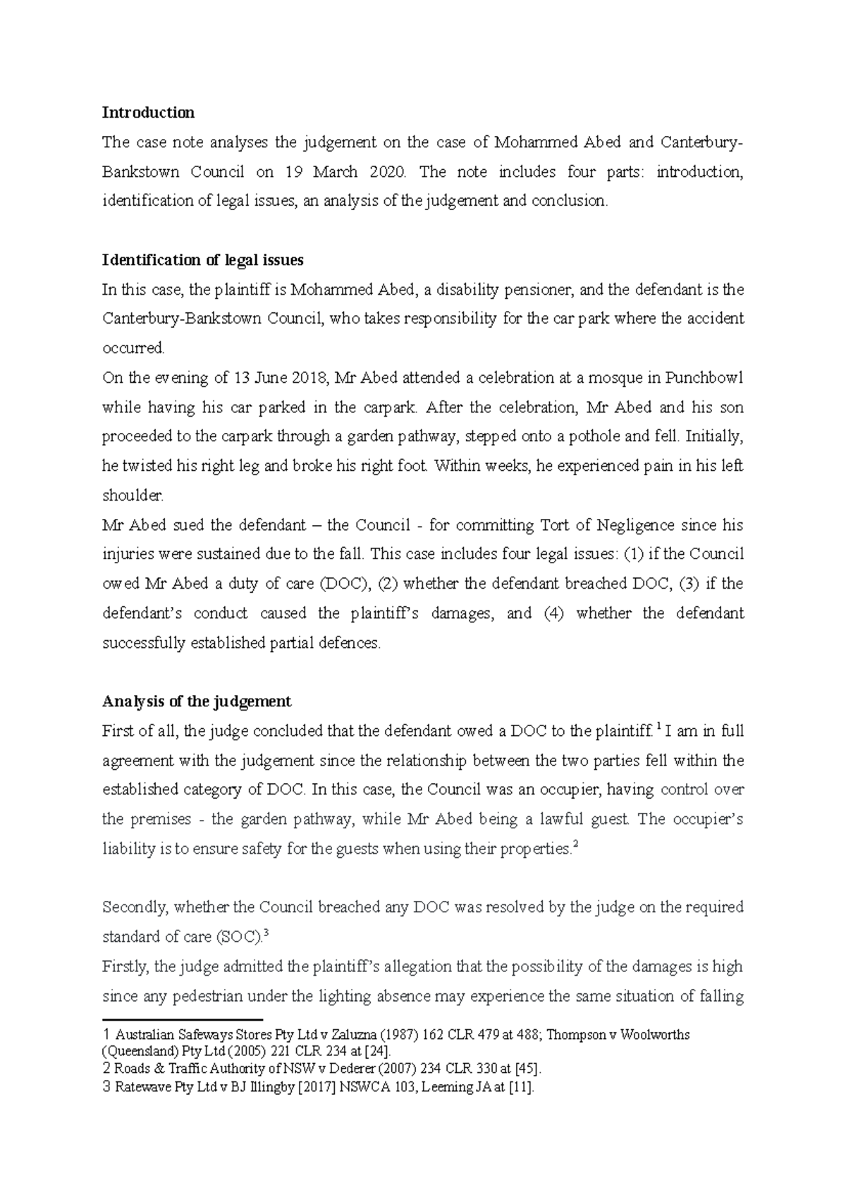 LAW2447 Assignment 1-Case Note-1 - Introduction The case note analyses ...