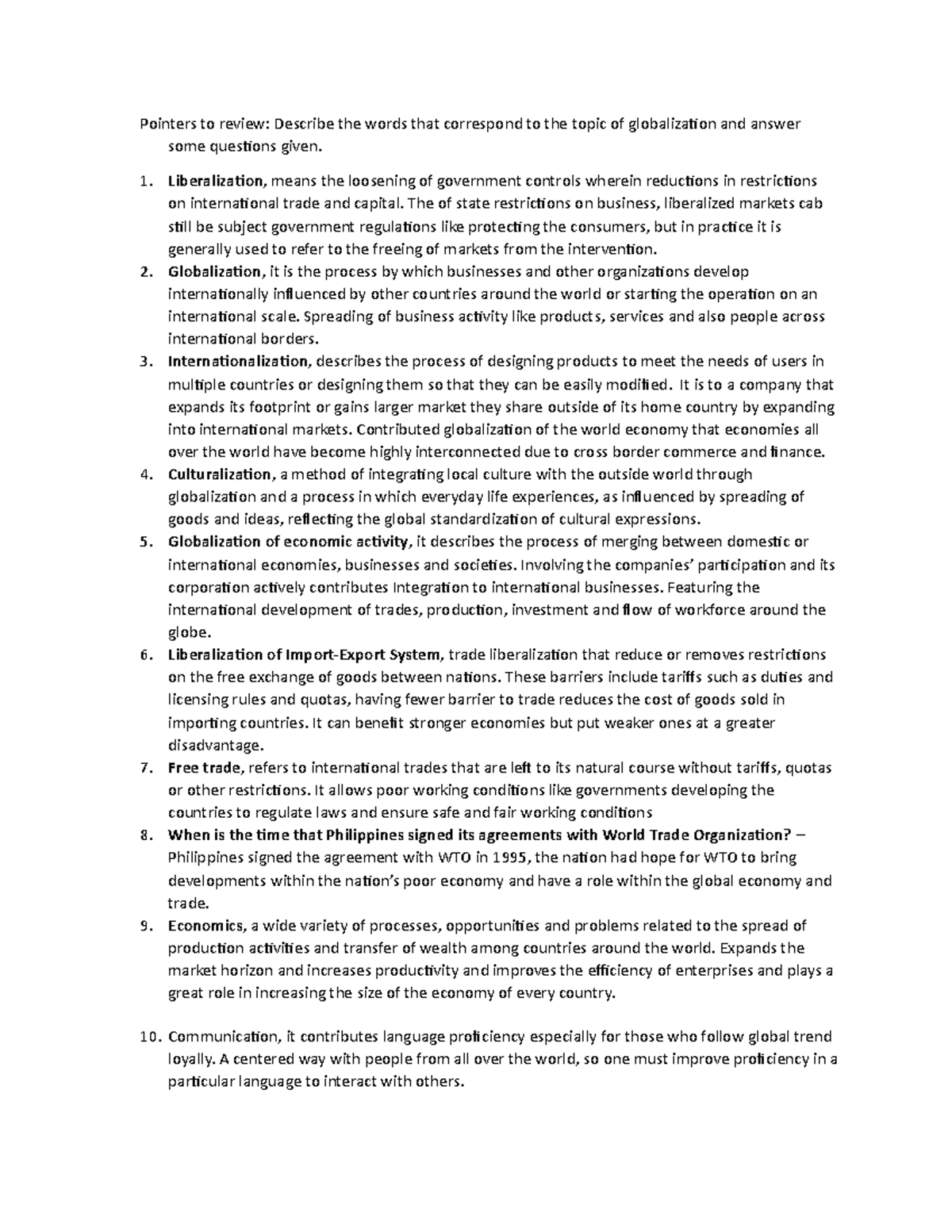 Pointers to Review - Globalization (2023) - Pointers to review: Describe the words that ...