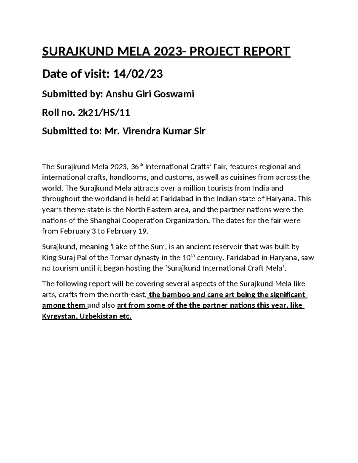 Surajkund Mela report by Anshu - SURAJKUND MELA 2023- PROJECT REPORT Date of visit: 14/02 ...