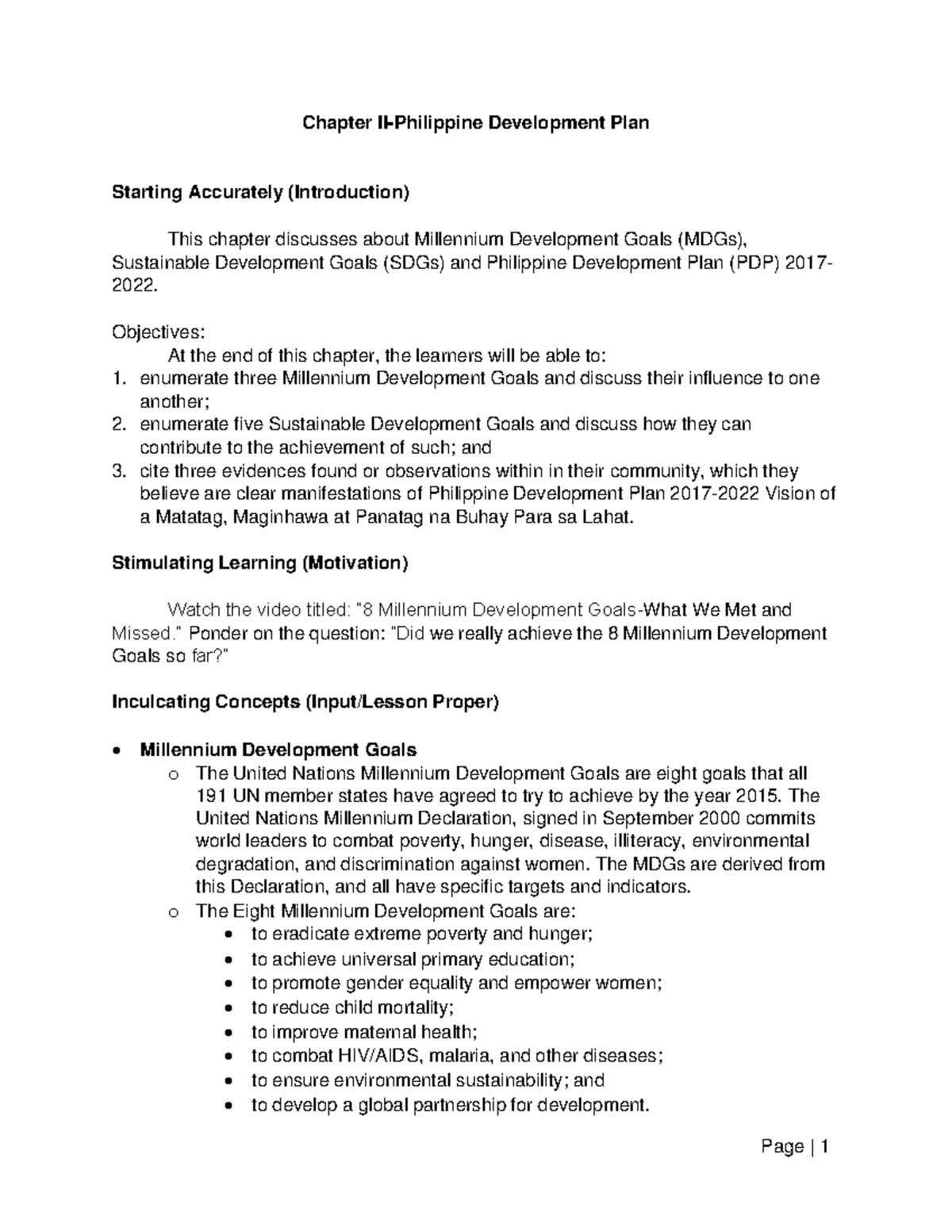 GEC 8 Chapter 2 - Chapter II-Philippine Development Plan Starting ...