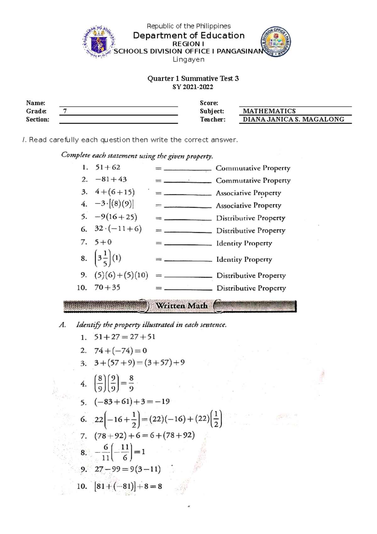 Mathematics 7 QI 3RD Summative Test - Republic of the Philippines ...