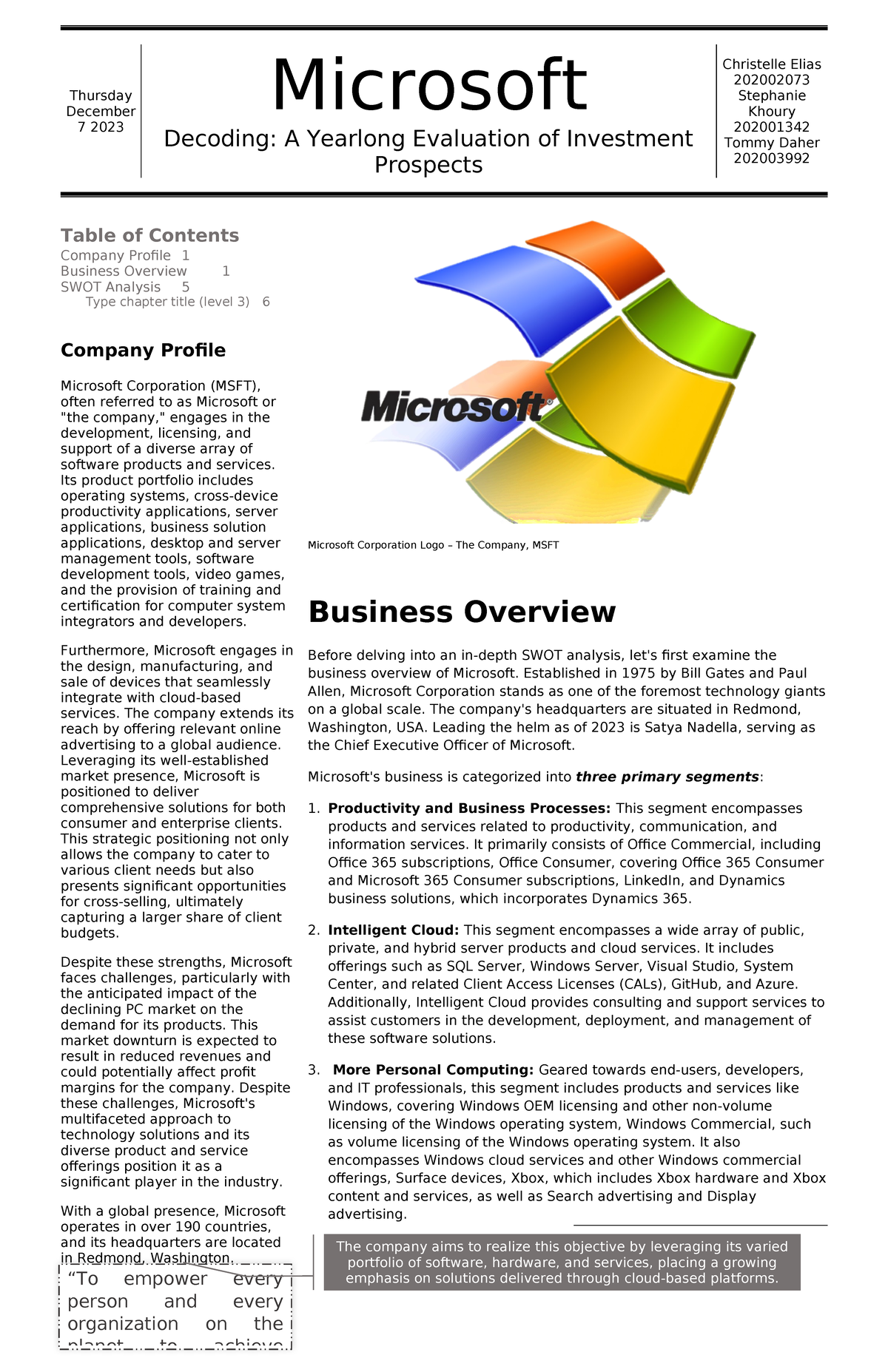 Microsoft Valuation - V1 - Thursday December 7 2023 Microsoft Decoding ...