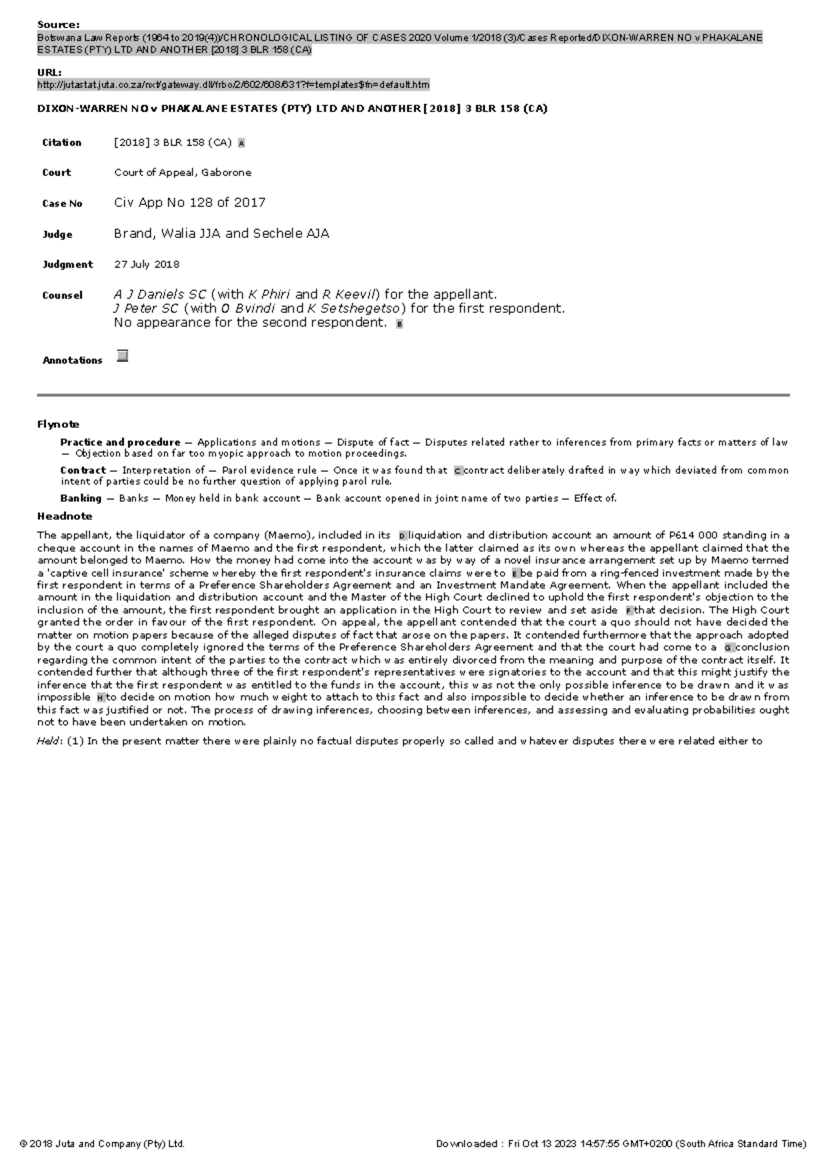 Dixon- Warren NO v Phakalane Estates (PTY) LTD AND Another [2018 ] 3 ...