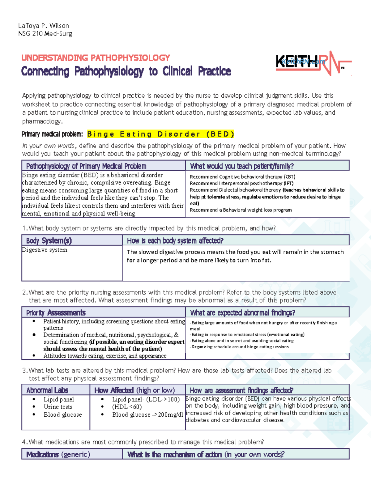 Binge Eating DO-Pathophysiology Sheet - LaToya P. Wilson NSG 210 Med ...