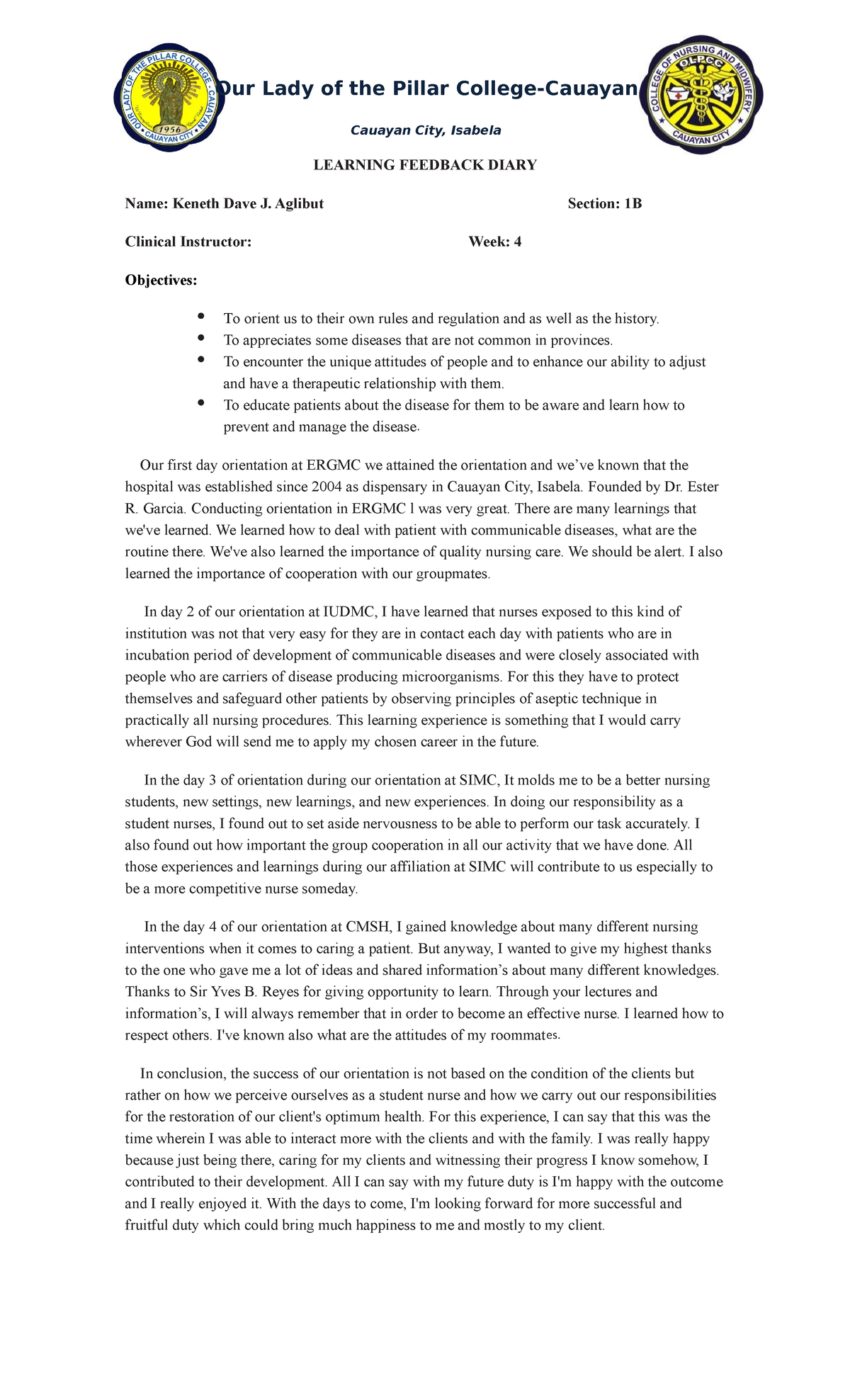 Week 4 - hehe - LEARNING FEEDBACK DIARY Name: Keneth Dave J. Aglibut ...