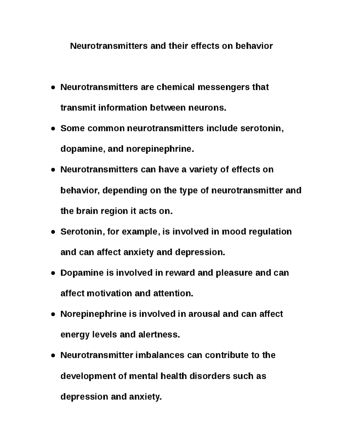 Neurotransmitters and their effects on behavior - Google Docs ...