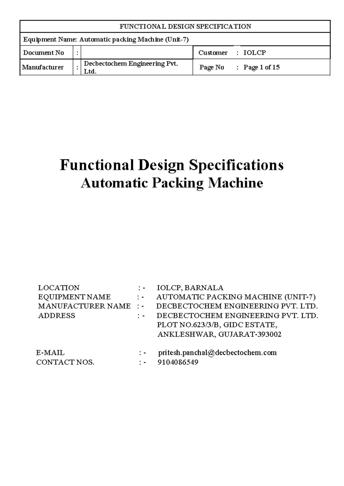 FDS Unit-7 PP area automation final - Equipment Name: Automatic packing ...