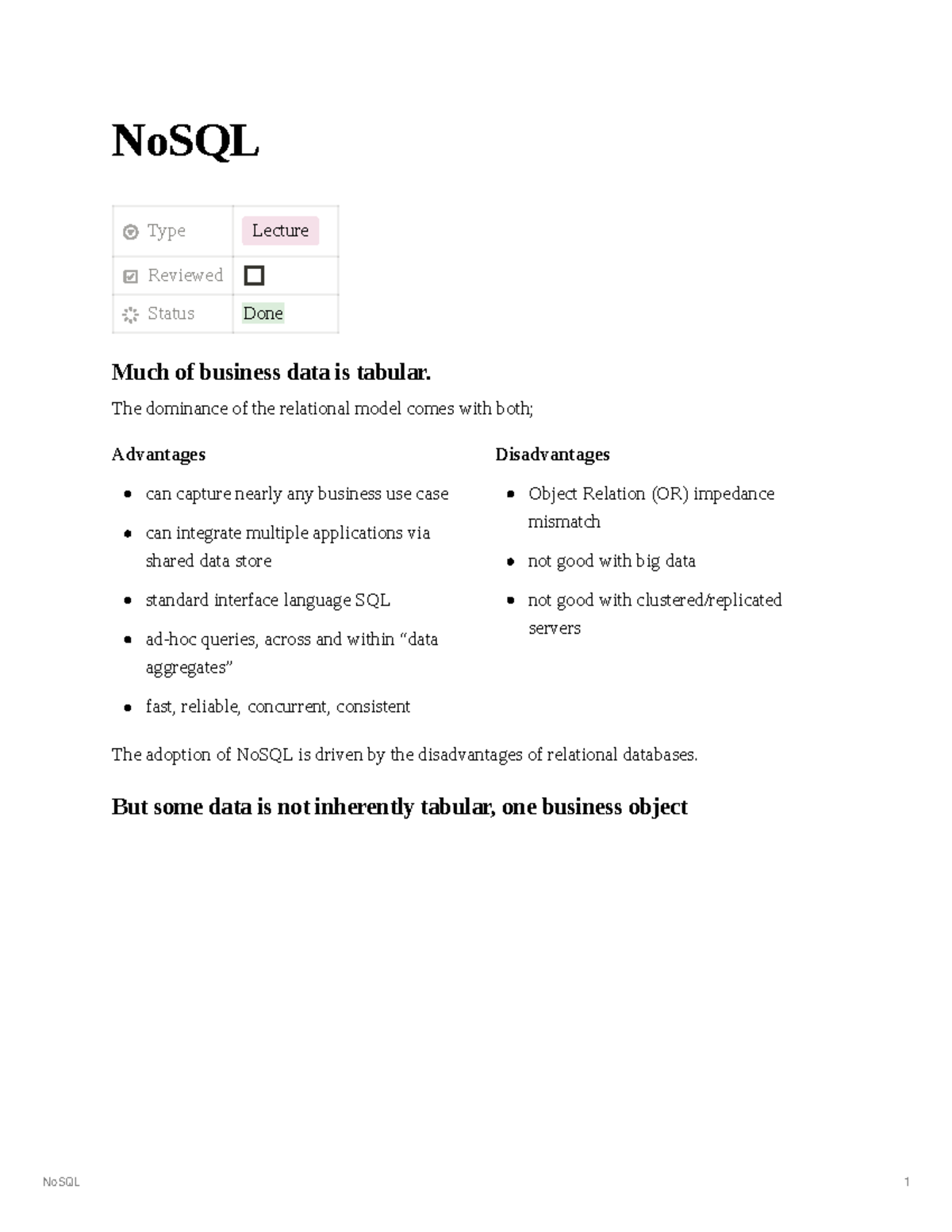Nosql - NoSQL Type Lecture Reviewed Status Done Much of business data ...