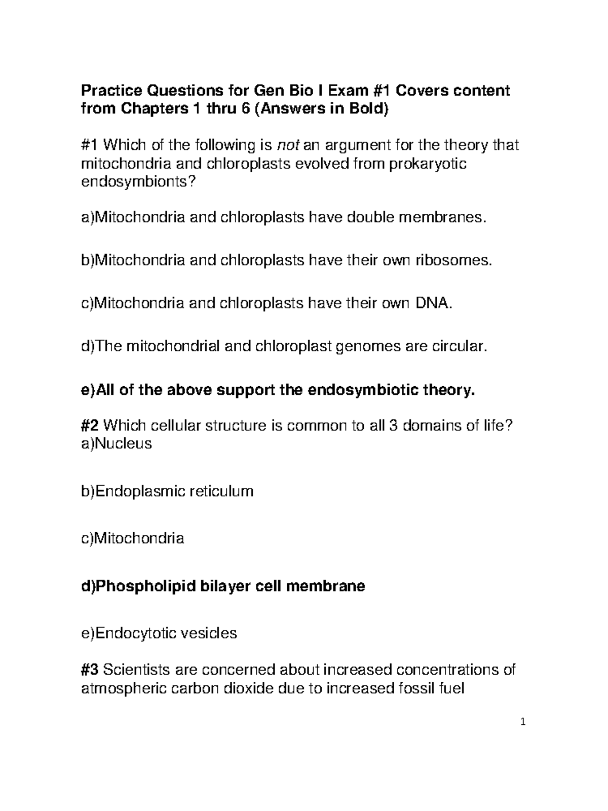BIOL 1300 Practice Questions - Practice Questions for Gen Bio I Exam #1 ...