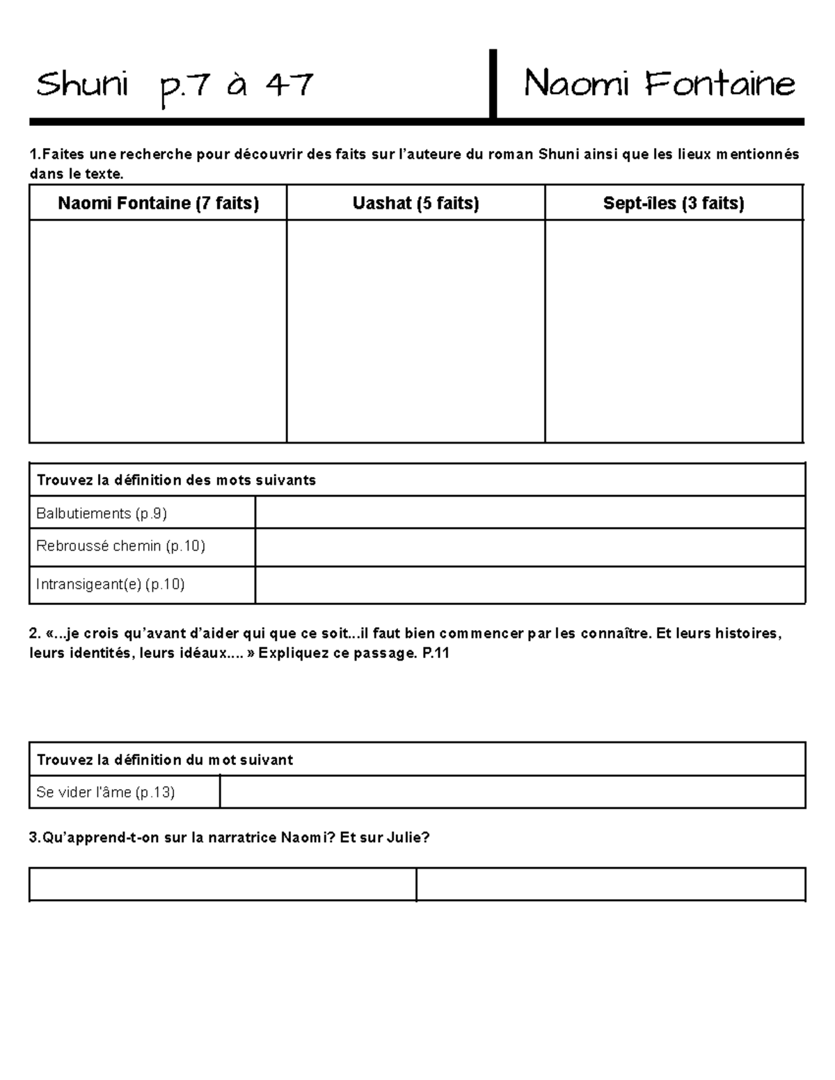 P. 7 à 47 - Copie élève - Questions pour le roman Shuni - Shuni p à 47 ...