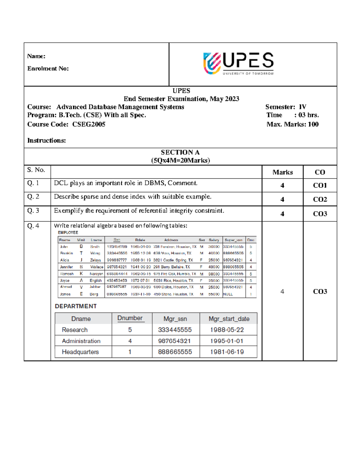 ADMS 2023 - Latest paper - Name: Enrolment No: UPES End Semester ...