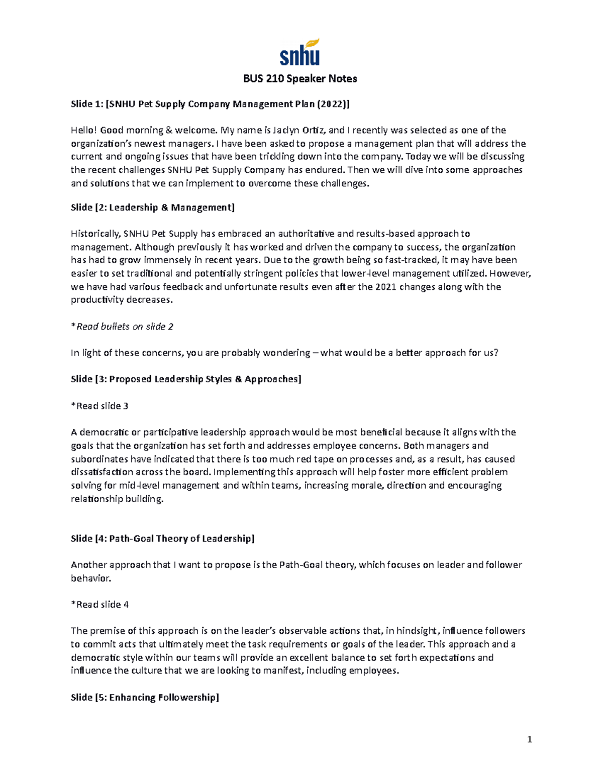 BUS 210 Speaker Notes - BUS 210 Speaker Notes Slide 1: [SNHU Pet Supply ...