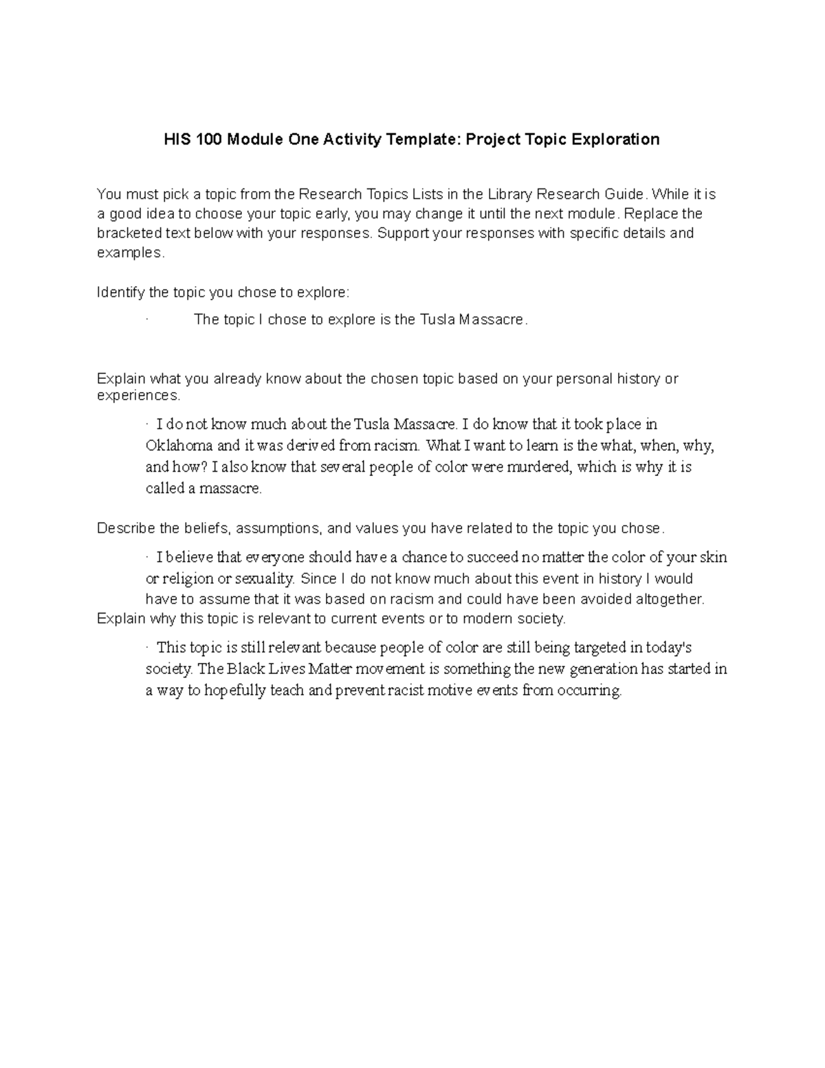 His 100 module 1 - HIS 100 Module One Activity Template: Project Topic ...