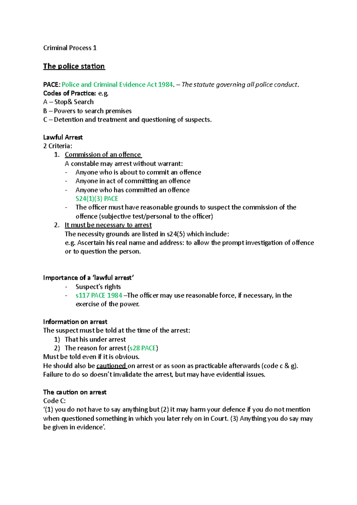 Criminal Process Lecture 1 - Criminal Process 1 The police staion PACE ...