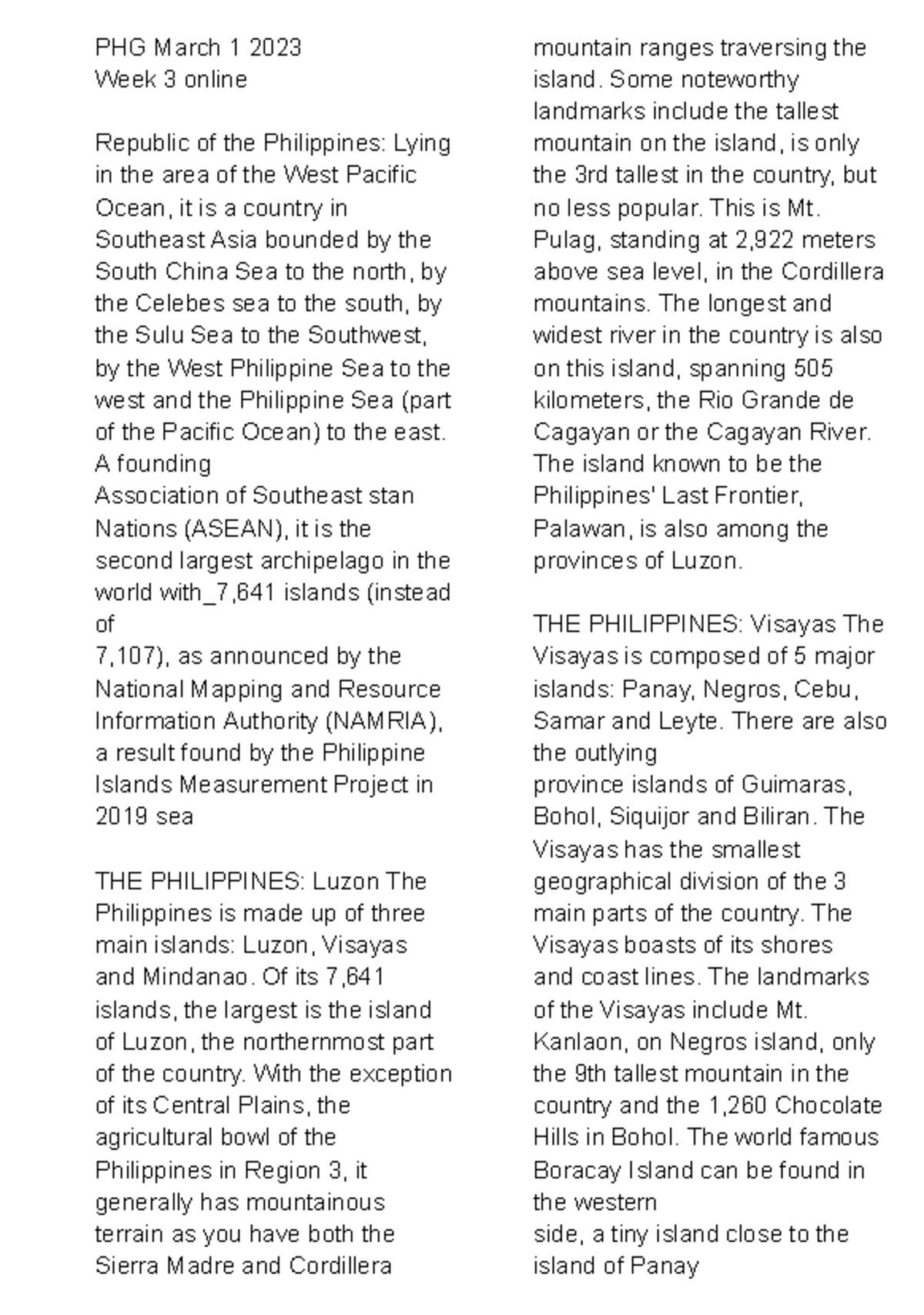 PHG 1 - PHG March 1 2023 Week 3 online Republic of the Philippines: Lying in the area of the ...