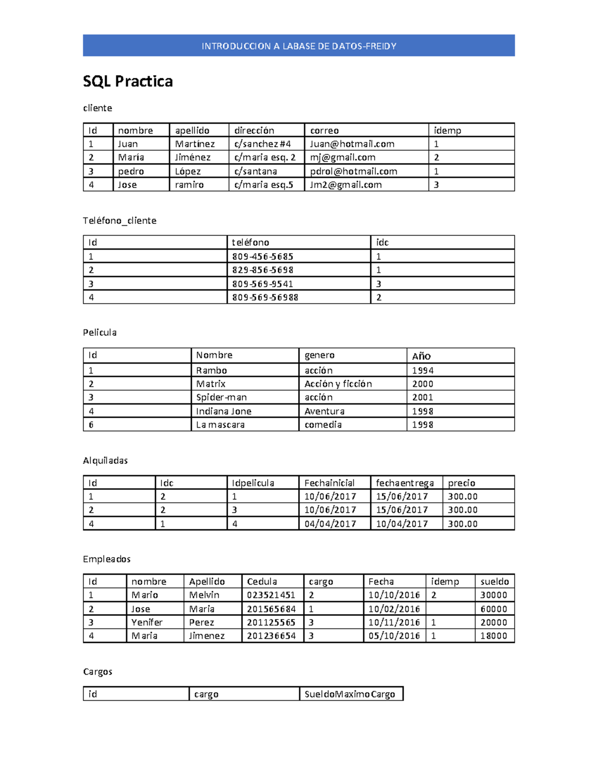 Practica SQL Base de datos 1 - SQL Practica cliente Id nombre apellido ...