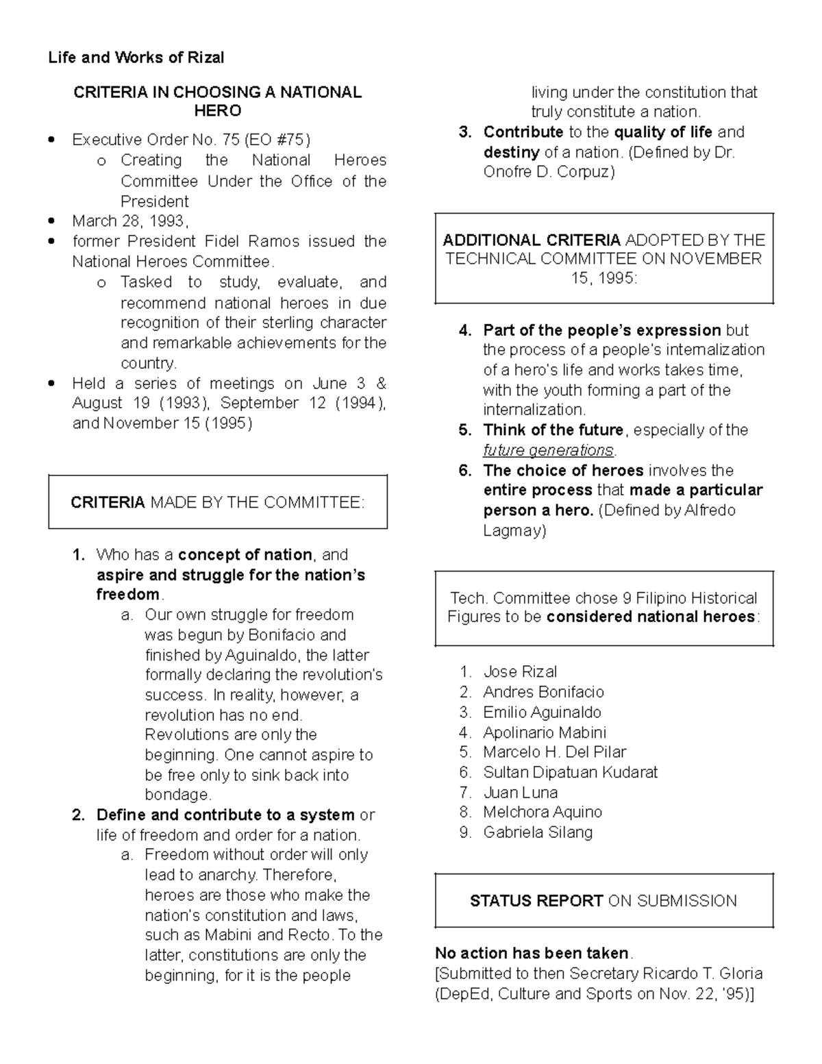 Introduction to Rizal - CRITERIA IN CHOOSING A NATIONAL HERO Executive ...