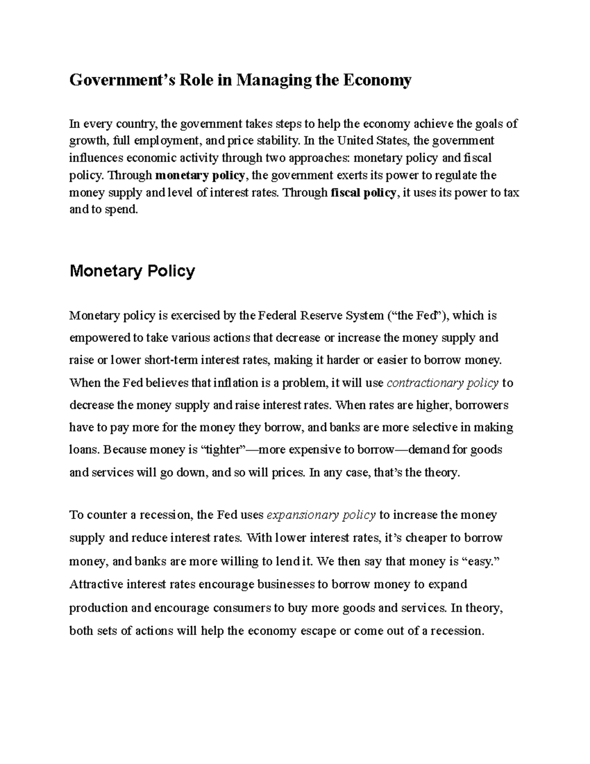 Government’s Role in Managing the Economy - In the United States, the ...