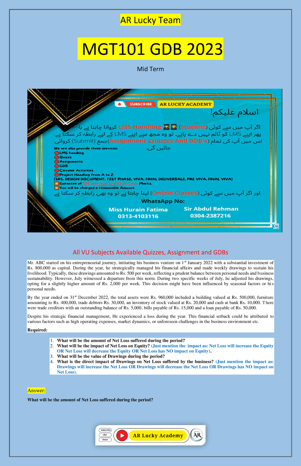 MGT101 GDB 2023 - AR Lucky Team MGT10 1 GDB 2023 Mid Term All VU ...