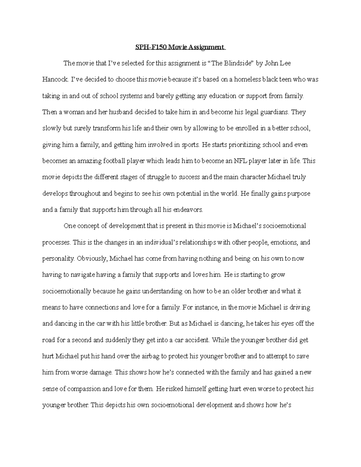 Movie Assignment lecture - SPH-F150 Movie Assignment The movie that I ...