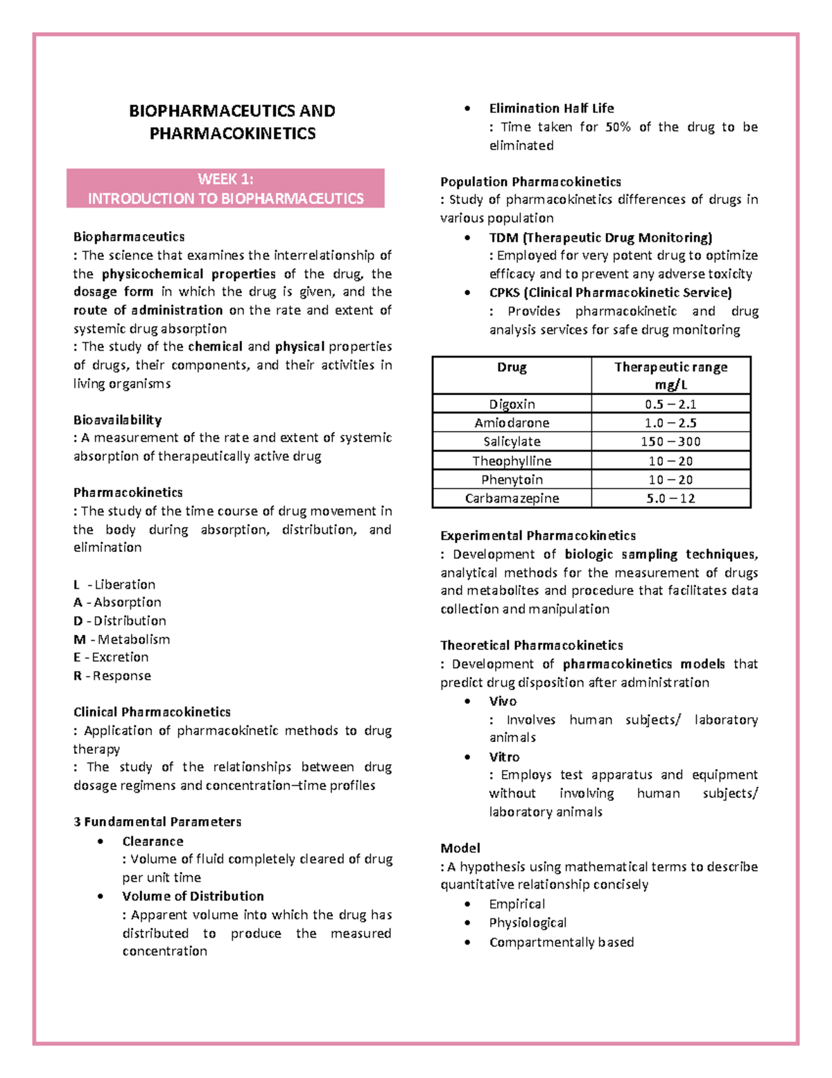 PHBP- Prelims - ASD - BIOPHARMACEUTICS AND PHARMACOKINETICS WEEK 1 ...