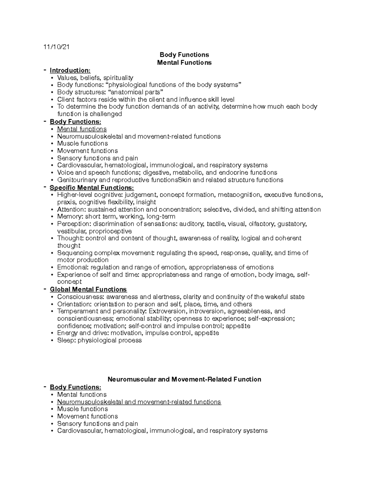 Body Functions - 11/10/ Body Functions Mental Functions - Introduction ...