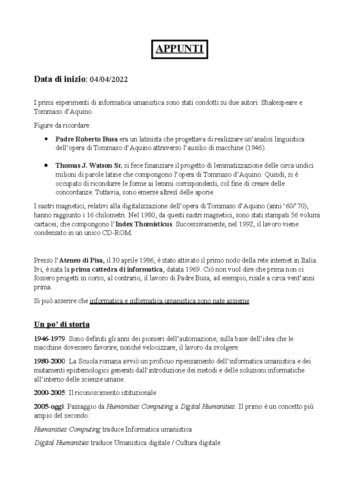 Appunti di Informatica Umanistica - APPUNTI Data di inizio: 04/04/ I ...