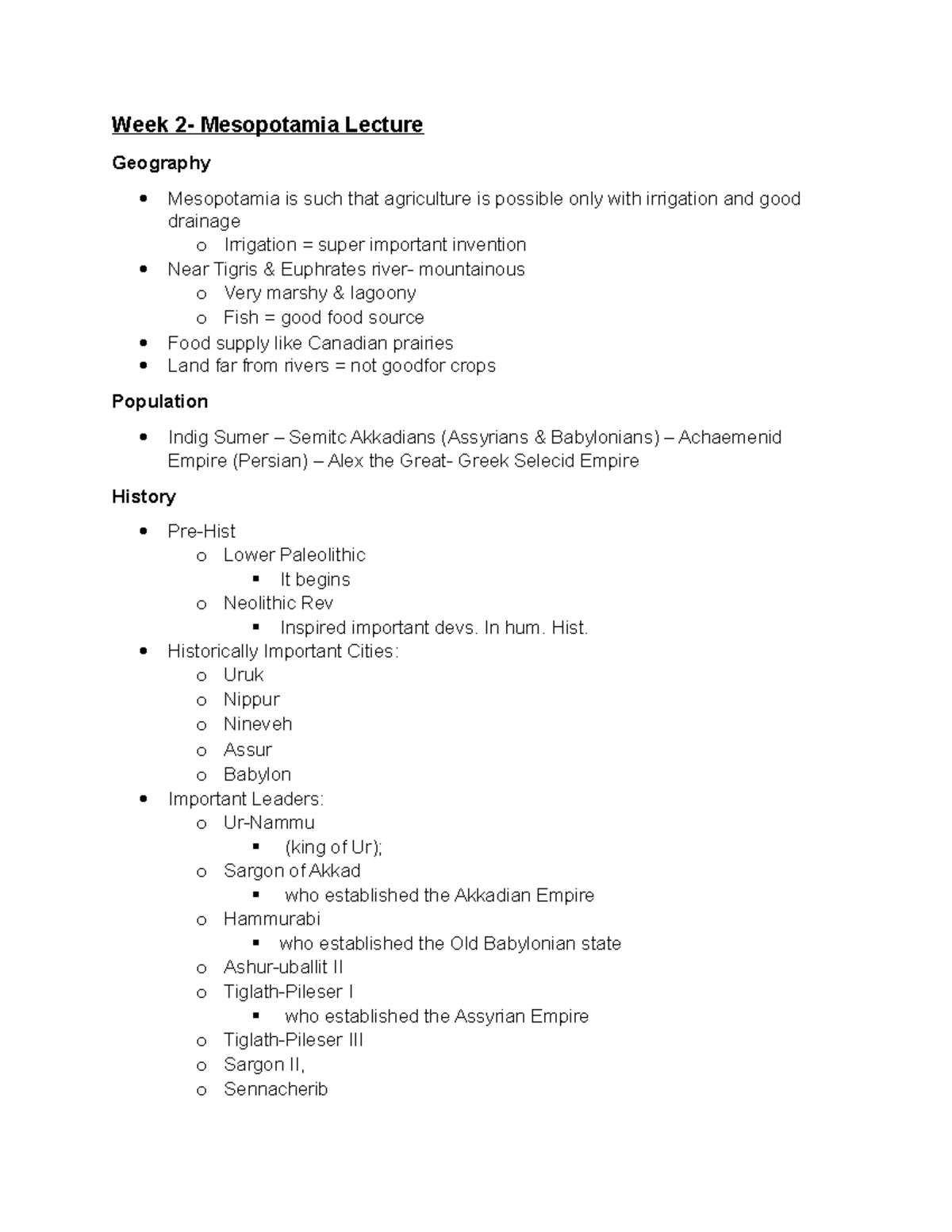Week 2-Mesopotamia - Lecture notes 2 - Week 2- Mesopotamia Lecture ...